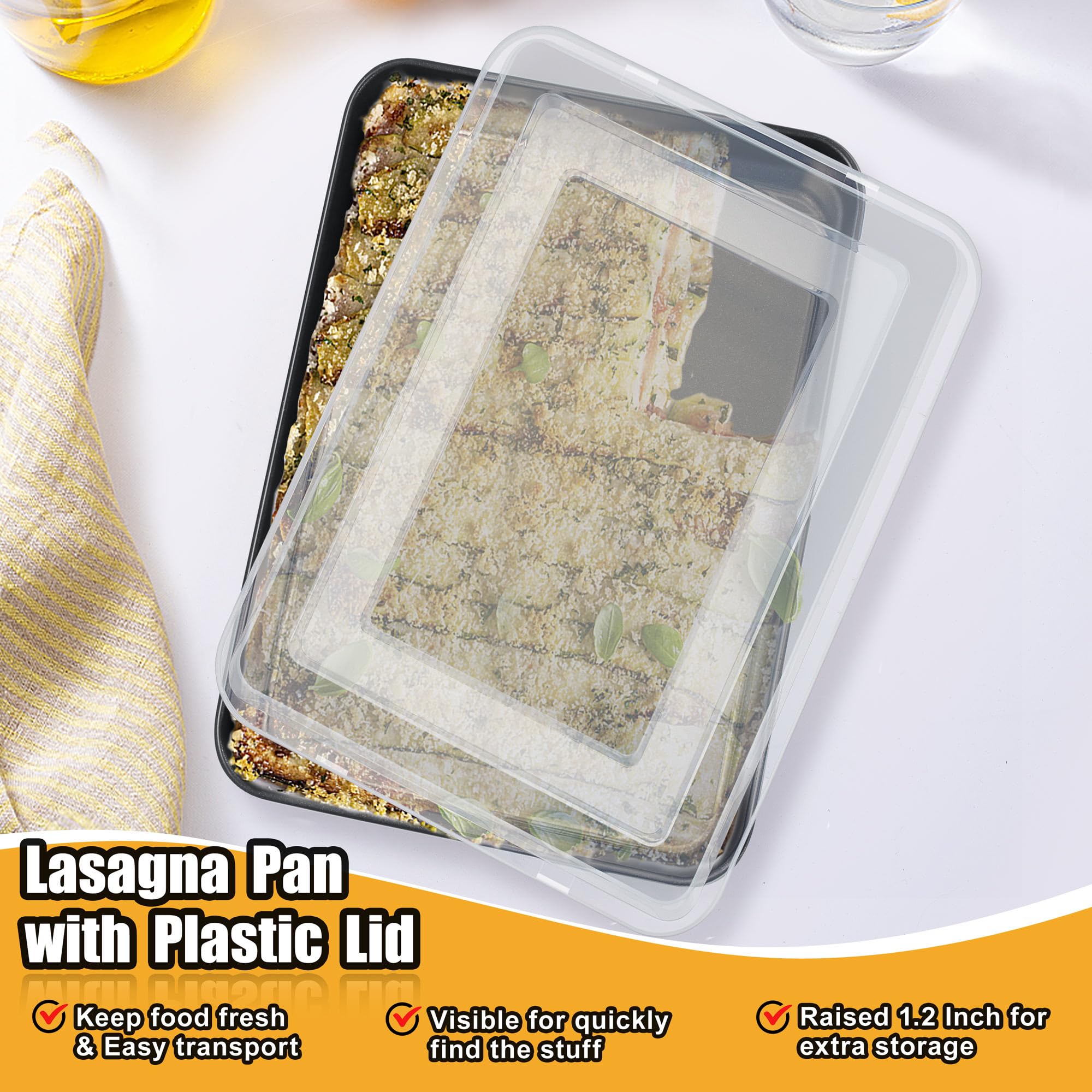 TeamFar Baking Pan with Lid, 9.4 Inch Stainless Steel Lasagna Pan with Black Non-Stick Coating, Roasting Baking Rectangle Cake Pan for Toaster Oven, Non-Toxic & Solid, Easy Clean-(1 Pan + 1 Lid)