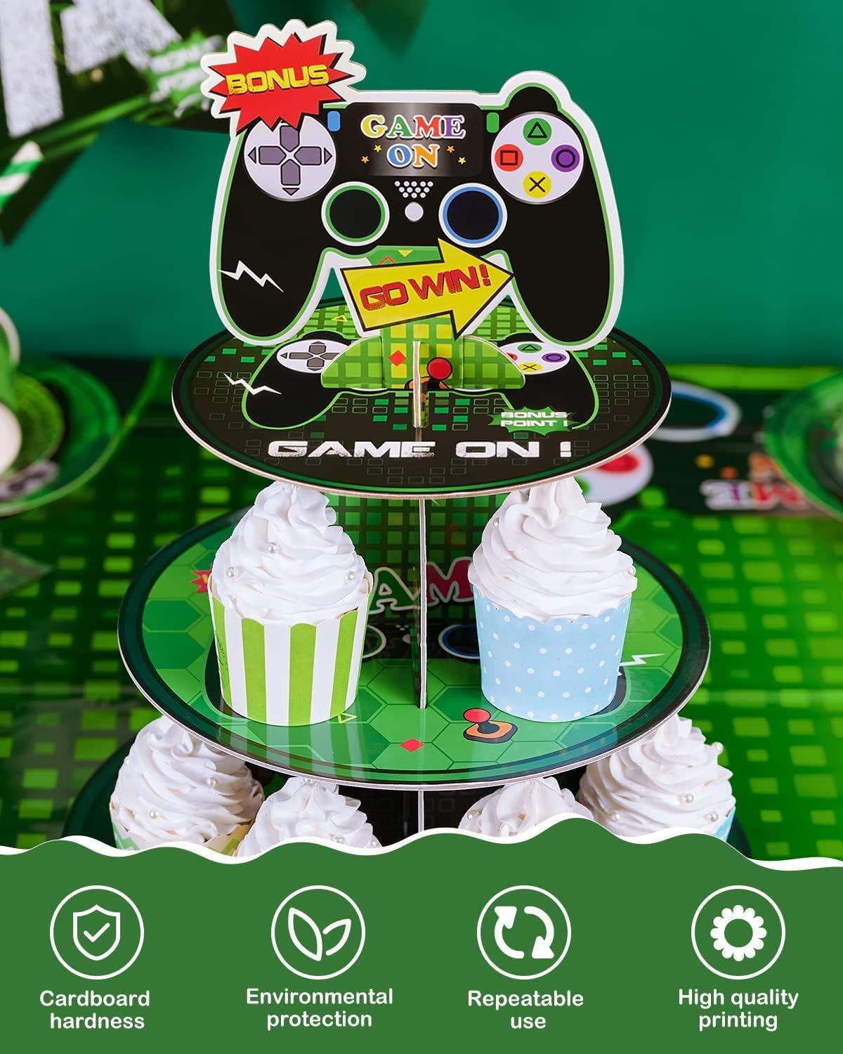 WERNNSAI Video Game Cupcake Stand - 3-Tier Gaming Party Decorations for Boys Cardboard Cupcake Holder Round Serving Tray Stand Dessert Tower Video Game Theme Birthday Party Supplies