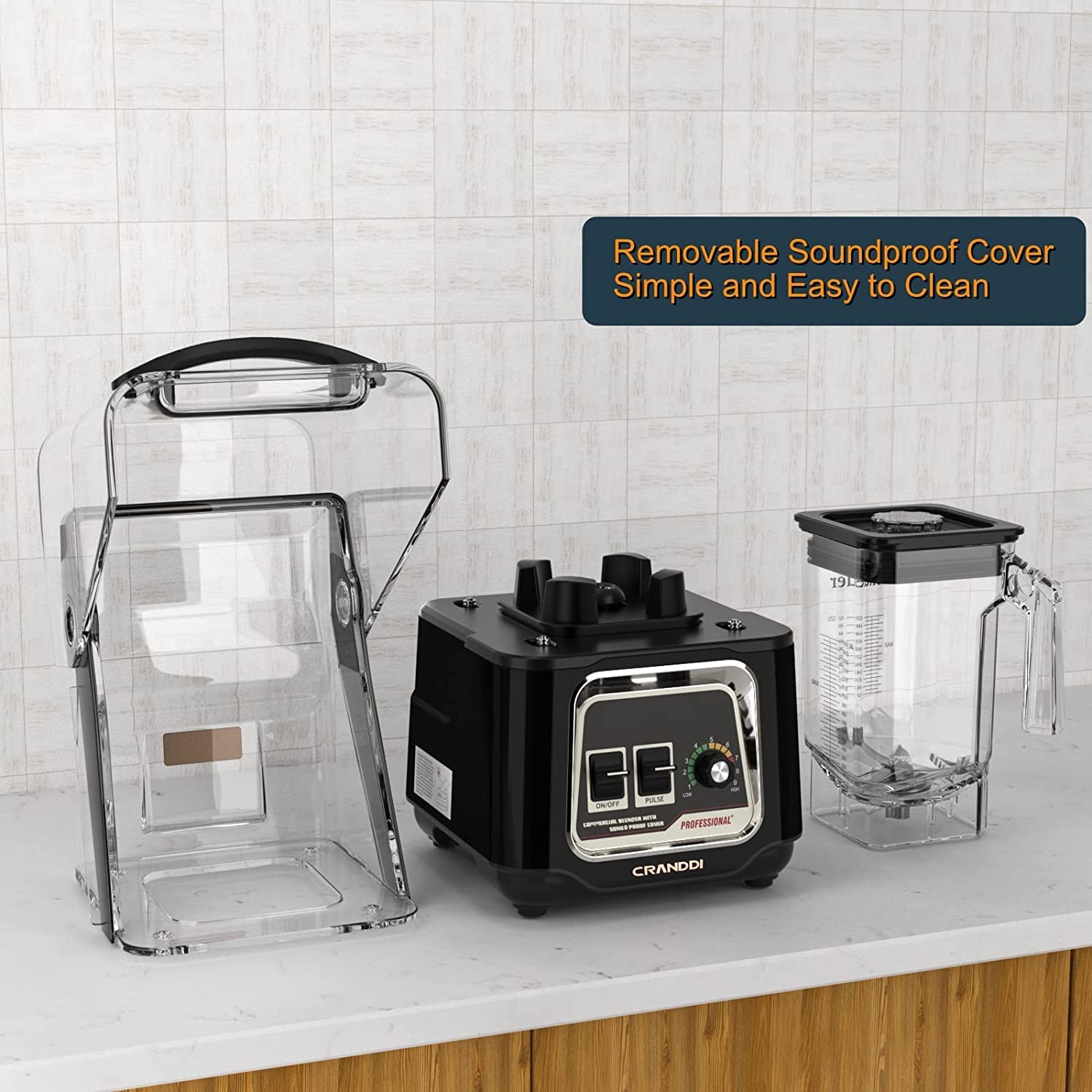 CRANDDI Professional Smoothie Blender, 2200W Commercial Soundproof Quiet blender with Removable Soundproof Shield for Crushing Ice, MilkShakes, Puree, Self-Cleaning, 50oz 110V K80