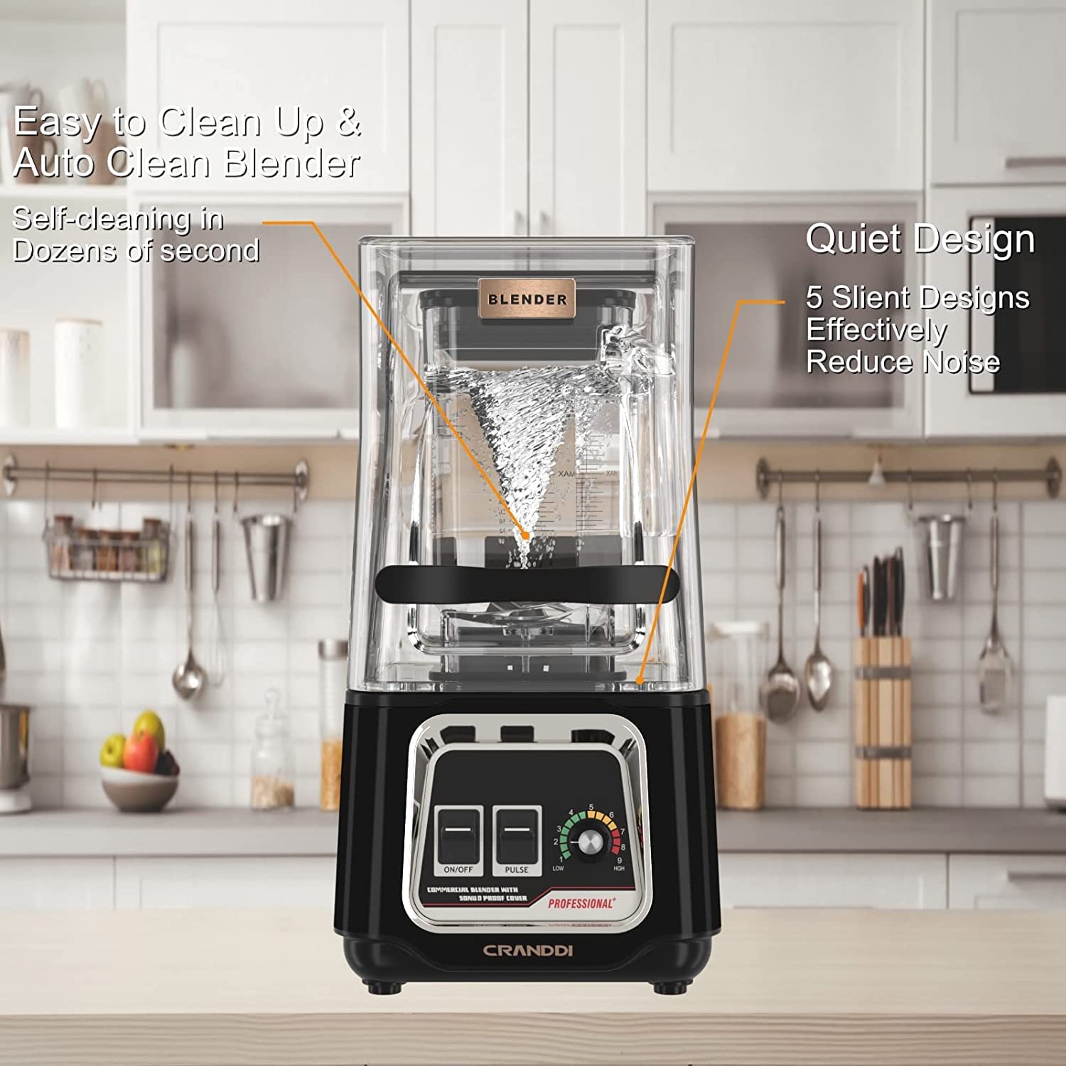 CRANDDI Professional Smoothie Blender, 2200W Commercial Soundproof Quiet blender with Removable Soundproof Shield for Crushing Ice, MilkShakes, Puree, Self-Cleaning, 50oz 110V K80