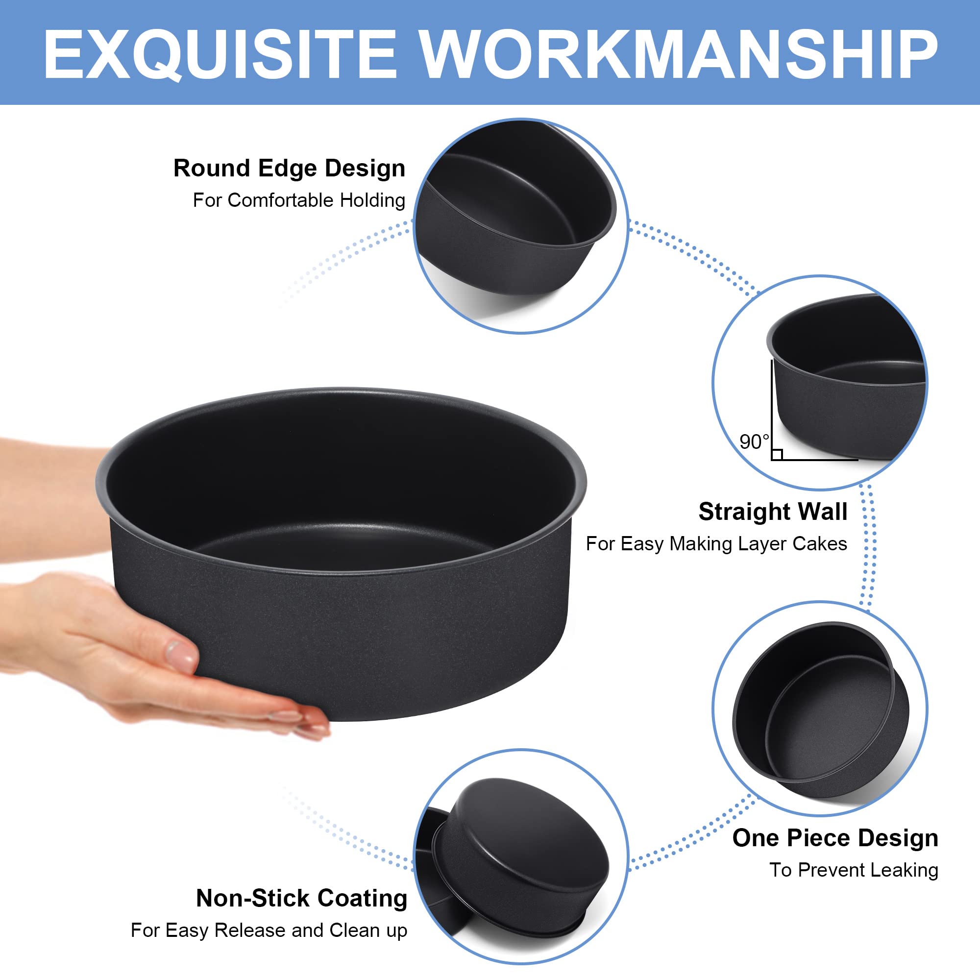 TeamFar 8 x 3 Inch Cake Pan Set, 2 PCS Stainless Steel Black Non-Stick Coating Baking Round Cake Pan for Birthday Wedding Layer Cakes, Non-Toxic & Anti-Rust, One-Piece Design & Heavy Duty