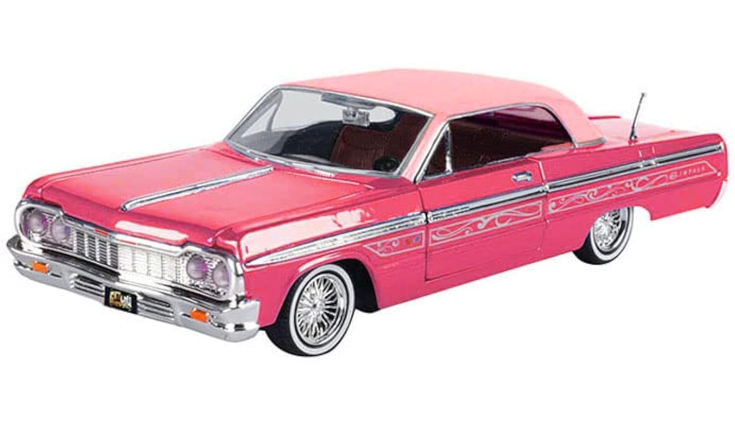 Toy Cars Chevy Impala Lowrider Hard Top Pink with Graphics and Light Pink Top Get Low Series 1/24 Diecast Model Car by Motormax 79021