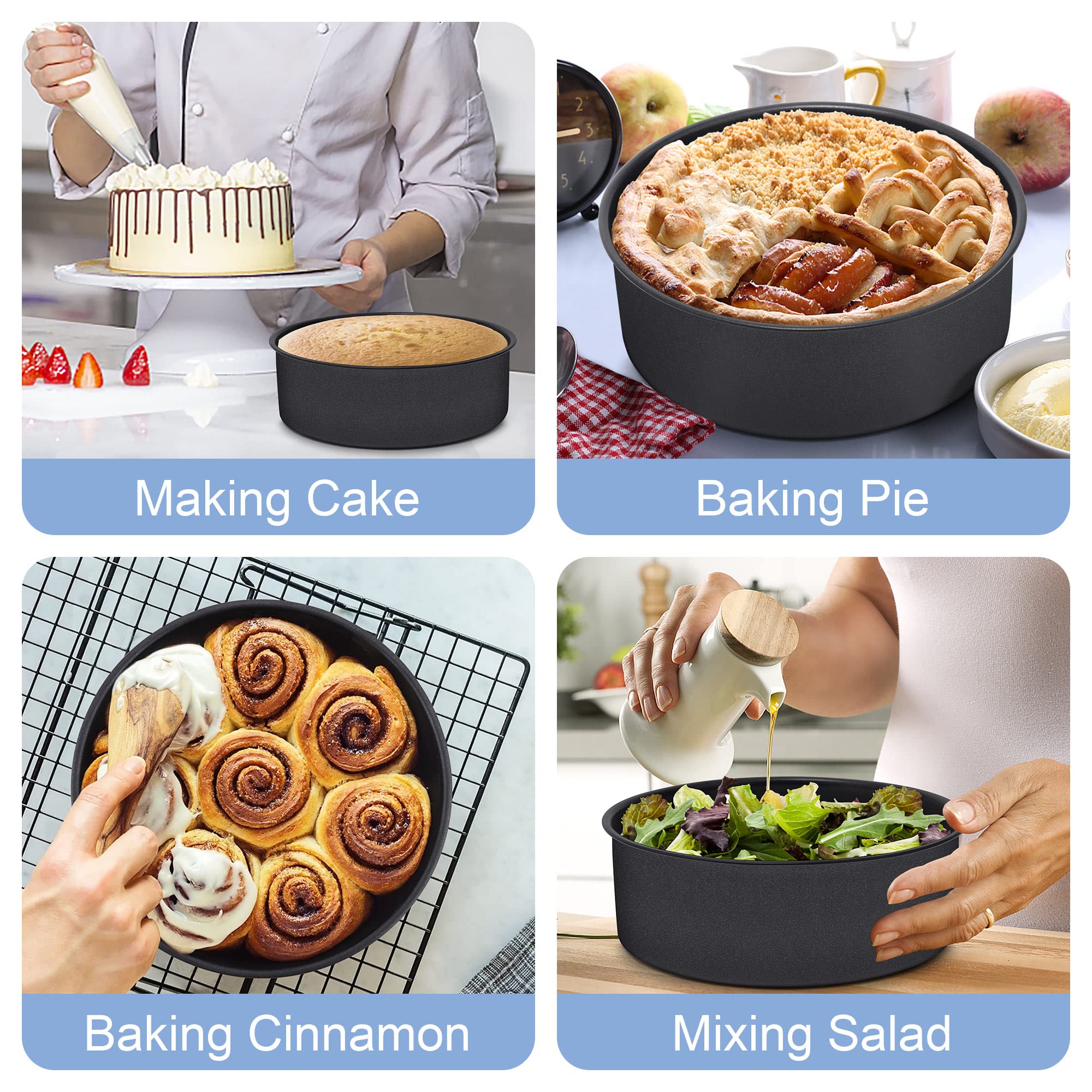 TeamFar 8 x 3 Inch Cake Pan Set, 2 PCS Stainless Steel Black Non-Stick Coating Baking Round Cake Pan for Birthday Wedding Layer Cakes, Non-Toxic & Anti-Rust, One-Piece Design & Heavy Duty