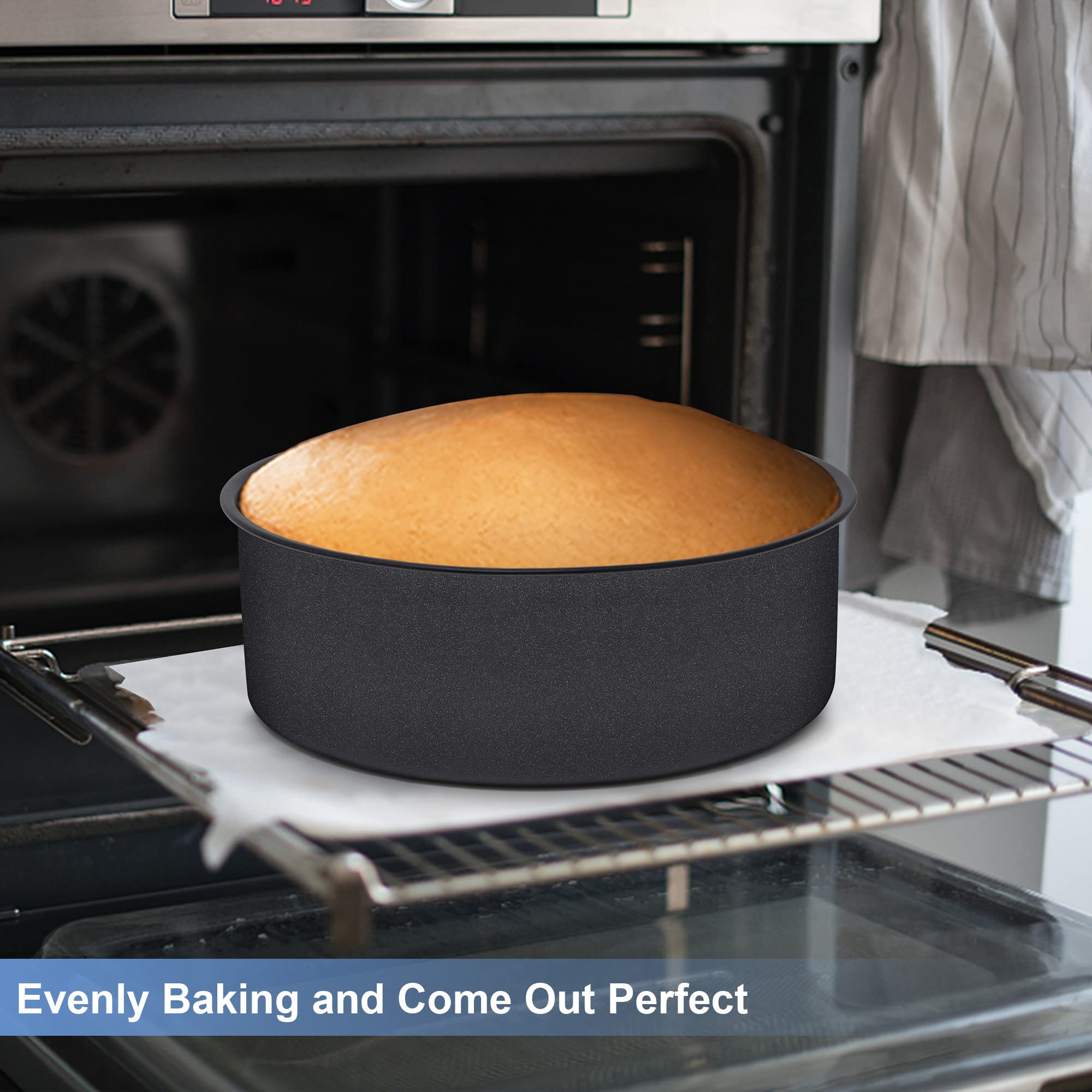 TeamFar 8 x 3 Inch Cake Pan Set, 2 PCS Stainless Steel Black Non-Stick Coating Baking Round Cake Pan for Birthday Wedding Layer Cakes, Non-Toxic & Anti-Rust, One-Piece Design & Heavy Duty