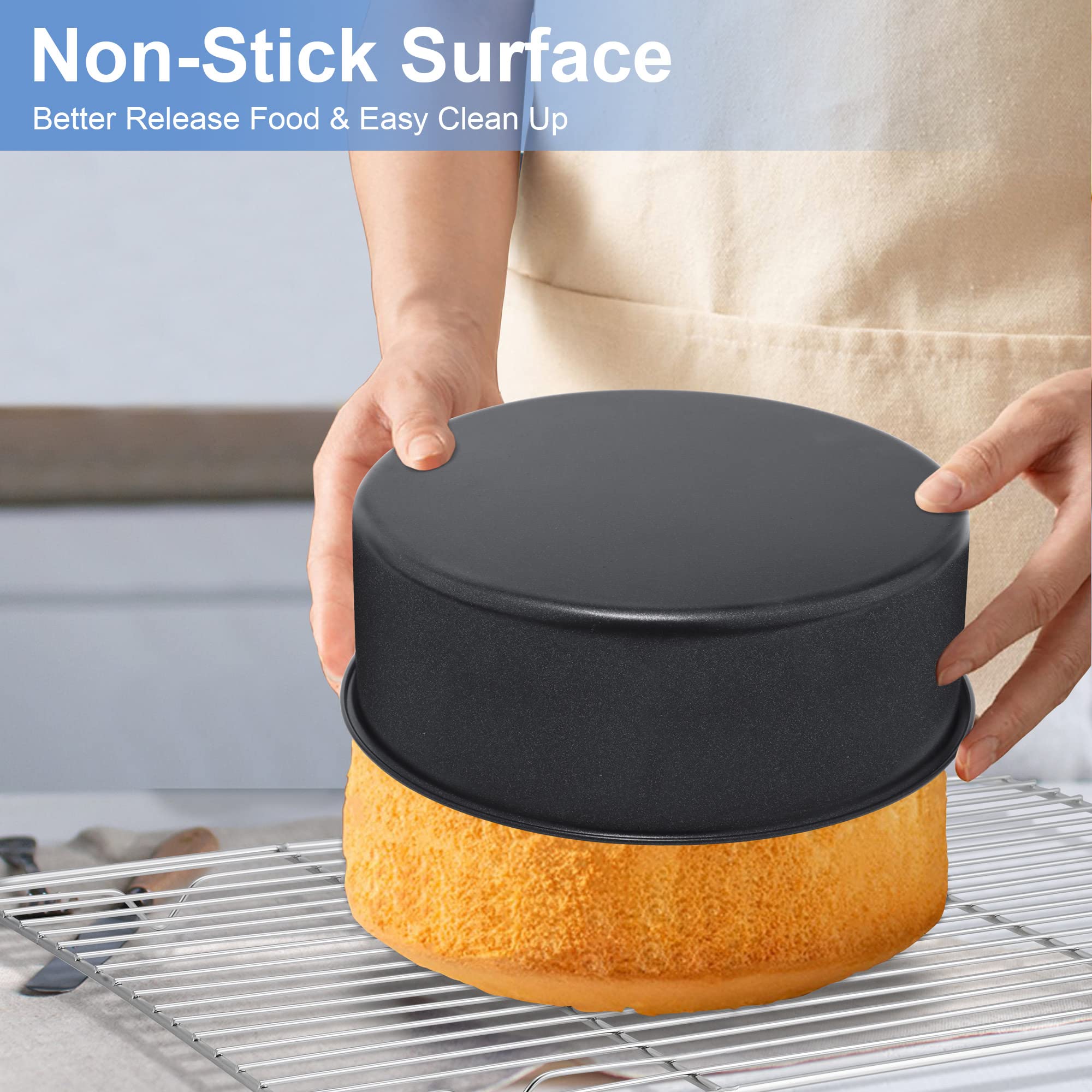 TeamFar 8 x 3 Inch Cake Pan Set, 2 PCS Stainless Steel Black Non-Stick Coating Baking Round Cake Pan for Birthday Wedding Layer Cakes, Non-Toxic & Anti-Rust, One-Piece Design & Heavy Duty