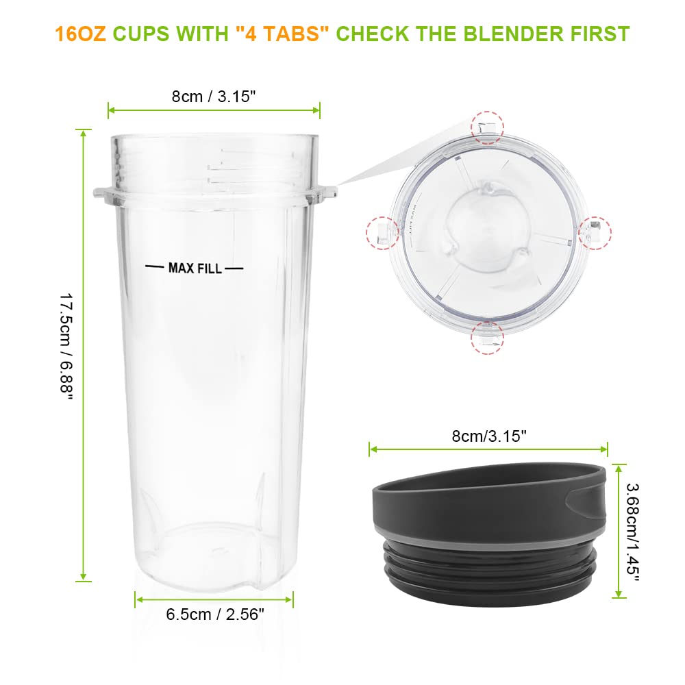 Feilifan Blender Replacement Parts for Nutri Ninja, 16 oz Single Serve Cups with Lids and 6 Fins Blade Assembly Compatible with Ninja Professional Blender BL660, BL663CO, BL770, BL780,BL772 30