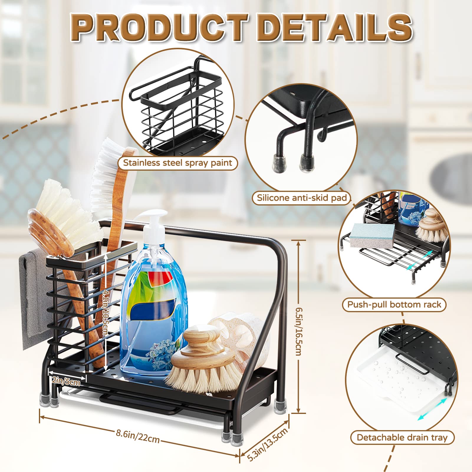 KMOTASUO Kitchen Sink Caddy Organizer, Sink Tidy Caddy Organizer Sponge Brush Soap Holder with Drain Pan, Kitchen Utensil Holders Cleaning Caddy for Countertop Stainless Steel Rustproof