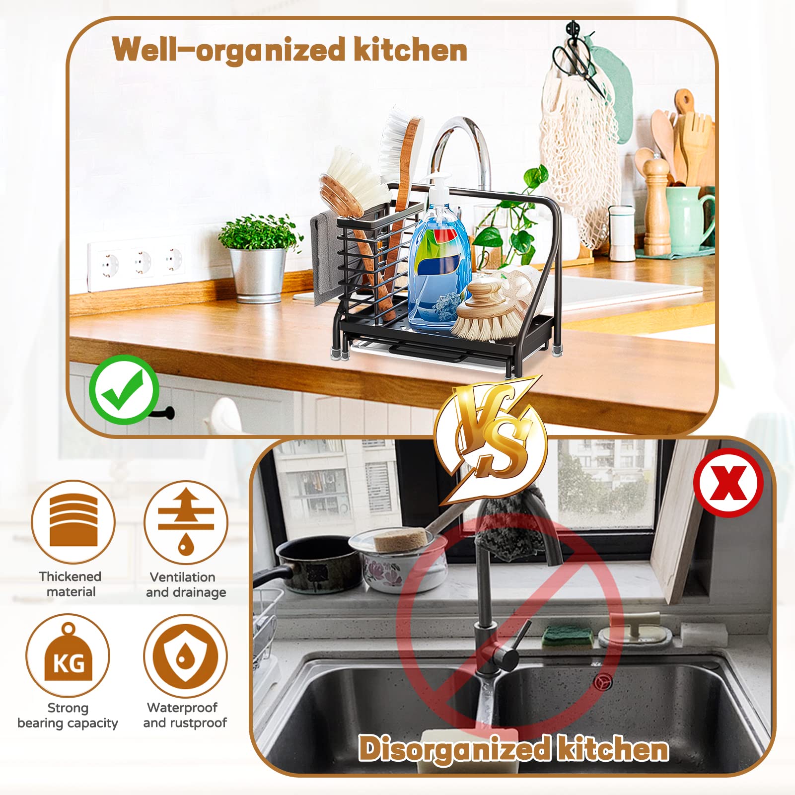 KMOTASUO Kitchen Sink Caddy Organizer, Sink Tidy Caddy Organizer Sponge Brush Soap Holder with Drain Pan, Kitchen Utensil Holders Cleaning Caddy for Countertop Stainless Steel Rustproof