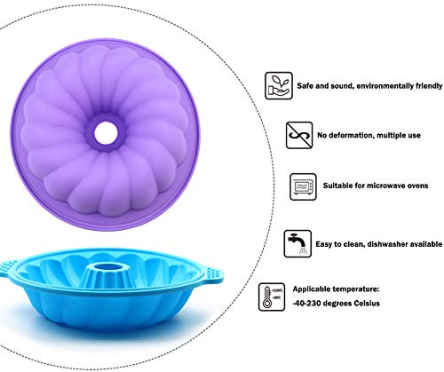 AILEHOPY Silicone Bundt Cake Pan - 8-10Inch Round Fluted Tube Cake Baking Molds，Non-stick Food Grade Silicone Mold For Gelatin, Bread, Jello, Chiffon, 2Pack