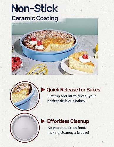 LeGourmet Nonstick Round Cake Pan 9 Inch, Ceramic Coating, Non-Toxic, Rust Resistant Aluminized Steel, Perfect Circle Baking Dish for Pie, Brownie, Tart - Cyan