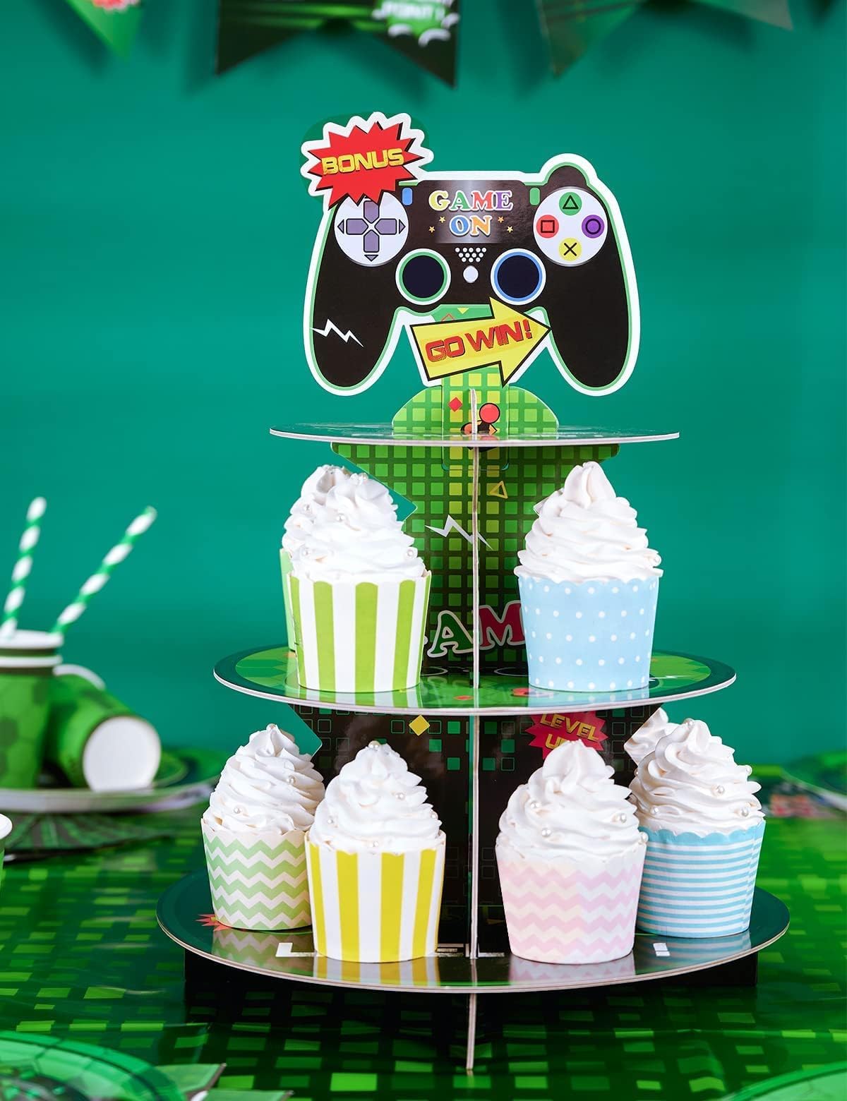 WERNNSAI Video Game Cupcake Stand - 3-Tier Gaming Party Decorations for Boys Cardboard Cupcake Holder Round Serving Tray Stand Dessert Tower Video Game Theme Birthday Party Supplies