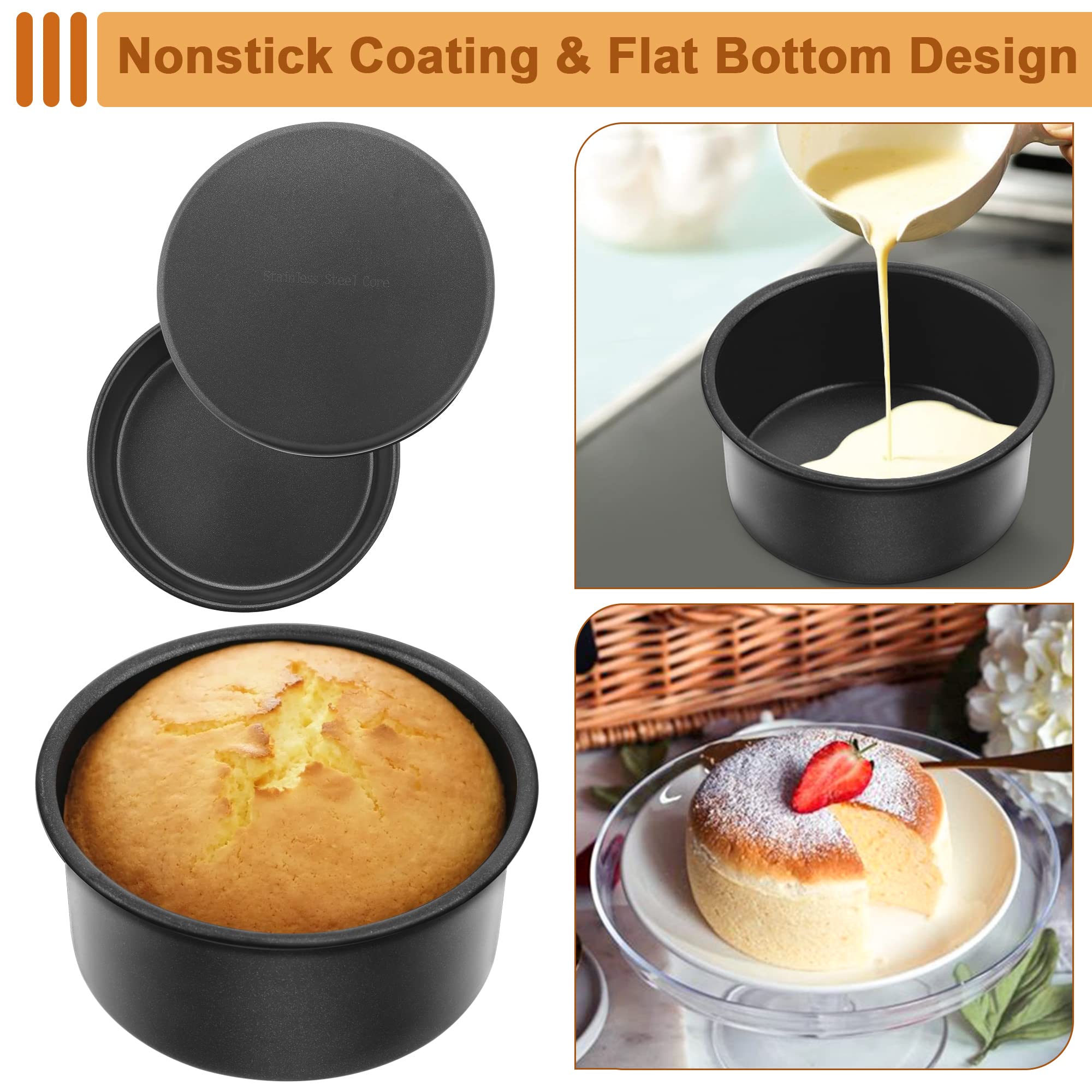E-far 4 Inch Cake Pan, 4-Piece Nonstick Round Cake Baking Pans for Wedding, Birthday, Layer Cake, Stainless Steel Core & Non-Toxic Coating, 2 Inch Deep