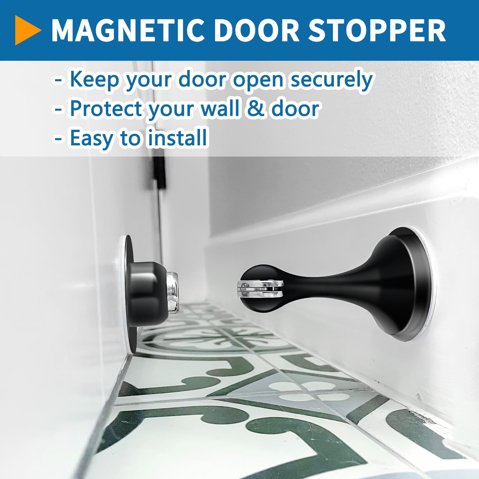 Door Stop,(2 Pack) Magnetic Door Stopper,Stainless Steel Door Catch Door Holder, Doorstop, 3M Double-Sided Adhesive Tape No Need to Drill, Black