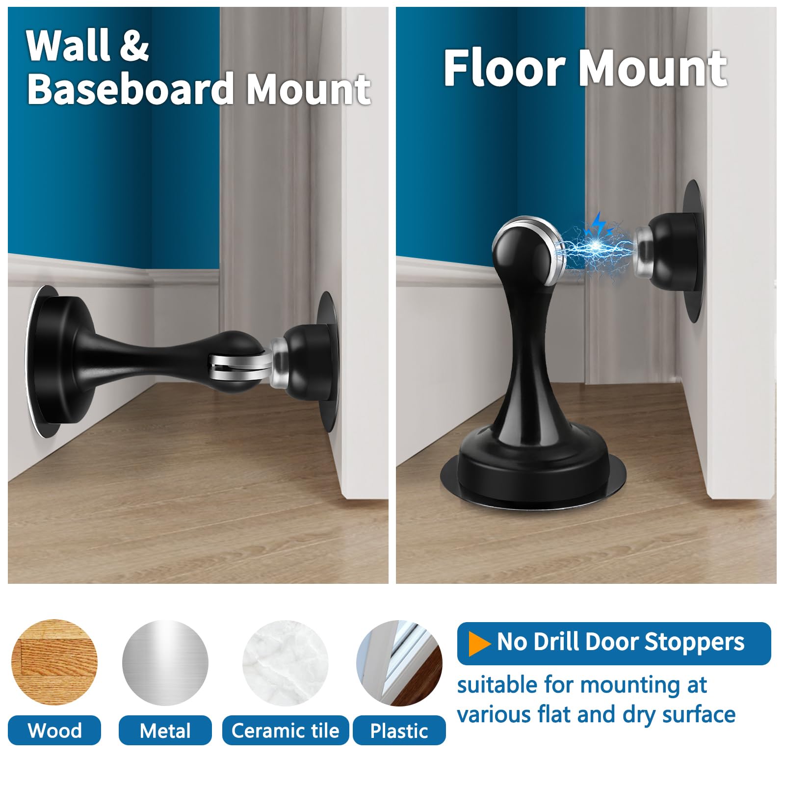 Door Stop,(2 Pack) Magnetic Door Stopper,Stainless Steel Door Catch Door Holder, Doorstop, 3M Double-Sided Adhesive Tape No Need to Drill, Black