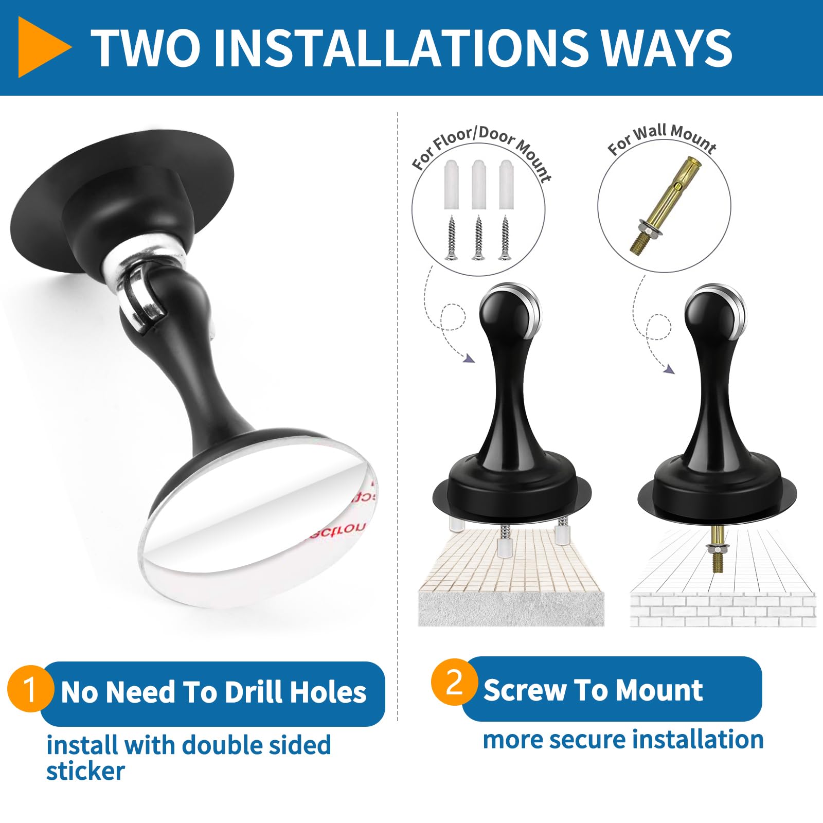 Door Stop,(2 Pack) Magnetic Door Stopper,Stainless Steel Door Catch Door Holder, Doorstop, 3M Double-Sided Adhesive Tape No Need to Drill, Black