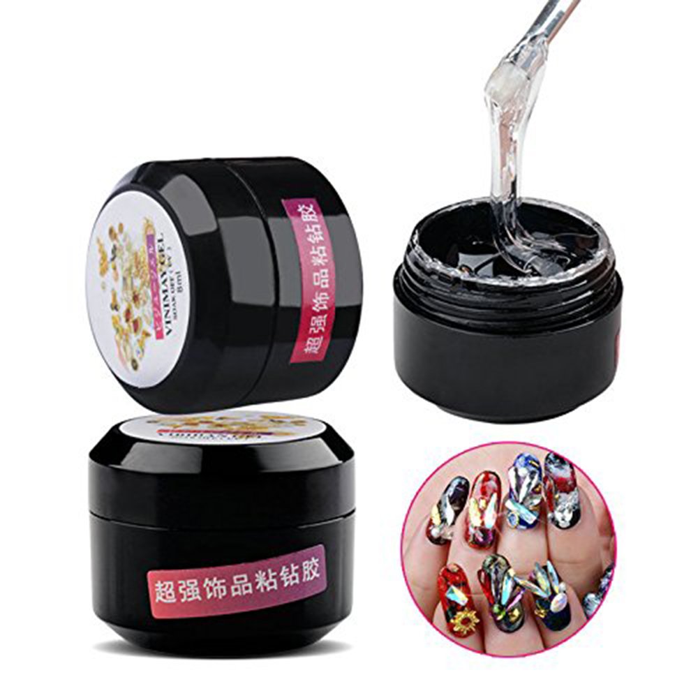 Minejin Nail Art Rhinestone Glue Gem Super Sticky Jewelry 8ml Gel Diamond Polish Decoration With Pen Tools UV Light Cured Needed 2Box