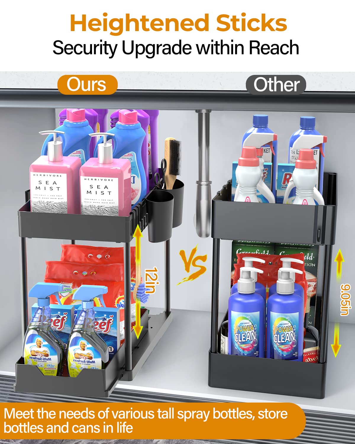 Stackable Under Sink Organizers and Storage - DILEASIR Upgraded 12in Heightened Sticks 2 Tier Under Sink Organizer with 4 Hanging Cups, 8 Dust Plugs, 8 Hooks, Multi-function Storage, Black, 2 Pack