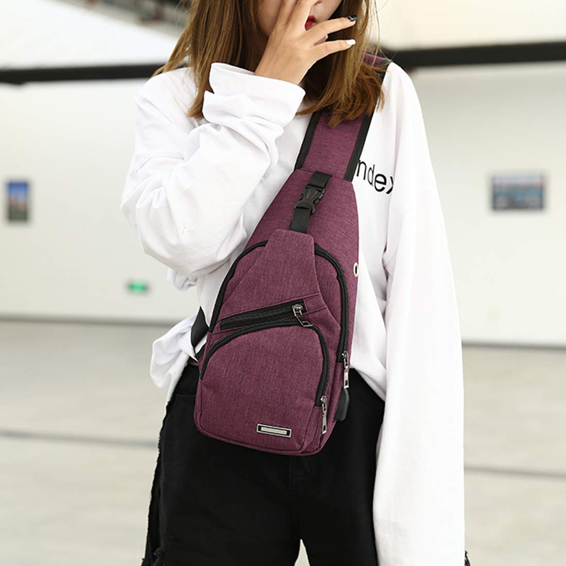 Men's Women's Sling Chest Shoulder Bag Outdoor Travel Crossbody Backpack with USB Charging Port Rose Red