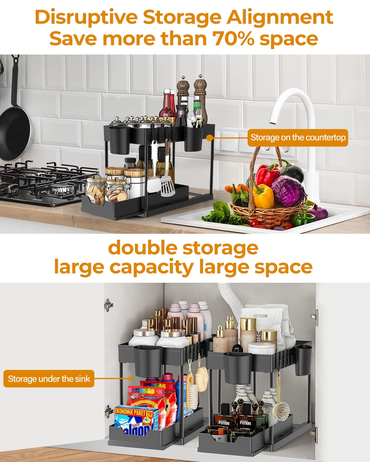 Stackable Under Sink Organizers and Storage - DILEASIR Upgraded 12in Heightened Sticks 2 Tier Under Sink Organizer with 4 Hanging Cups, 8 Dust Plugs, 8 Hooks, Multi-function Storage, Black, 2 Pack
