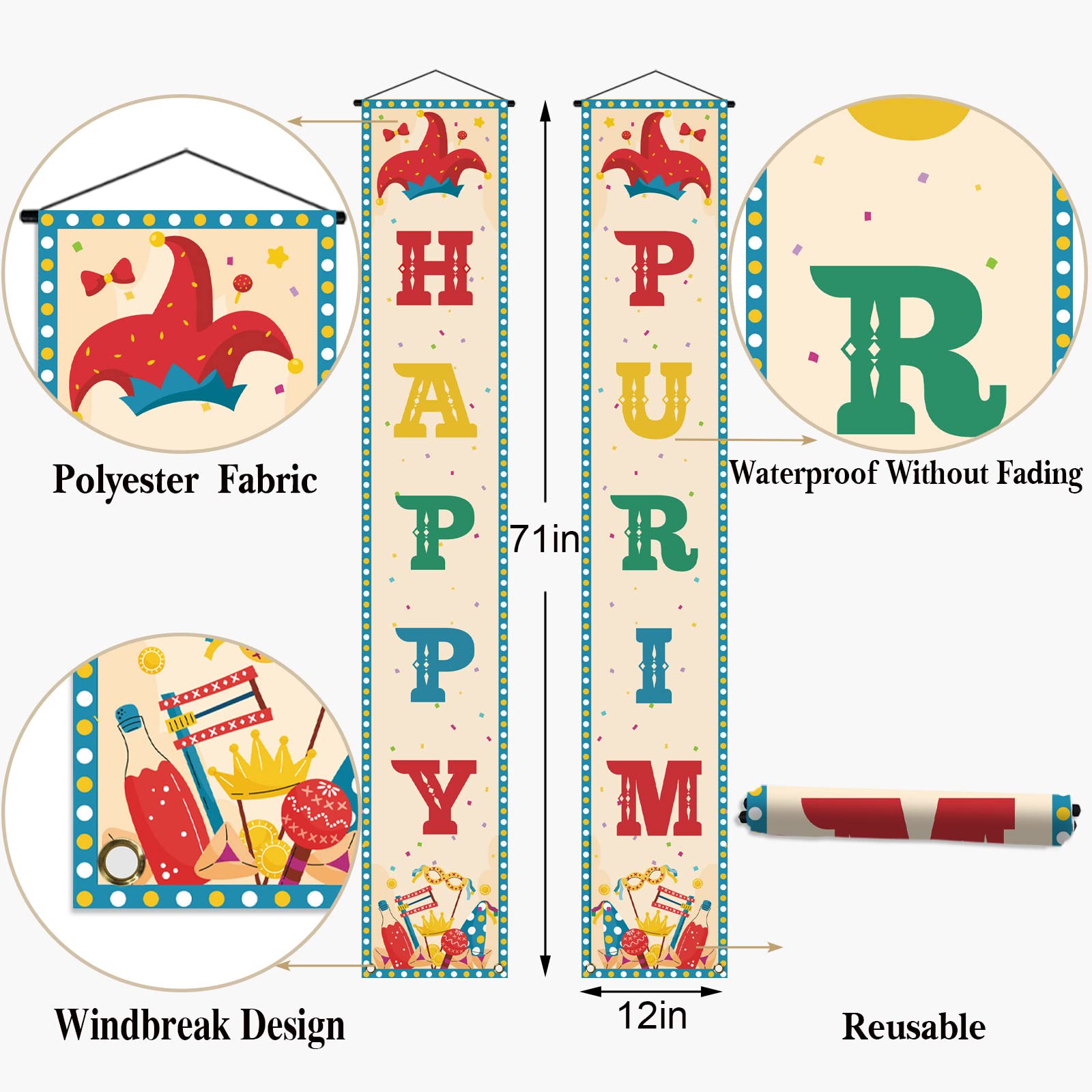 Happy Purim Porch Banner Jewish Carnival Hamantaschen Gragger Puppet Hat Holiday Front Door Wall Hanging Party Decoration