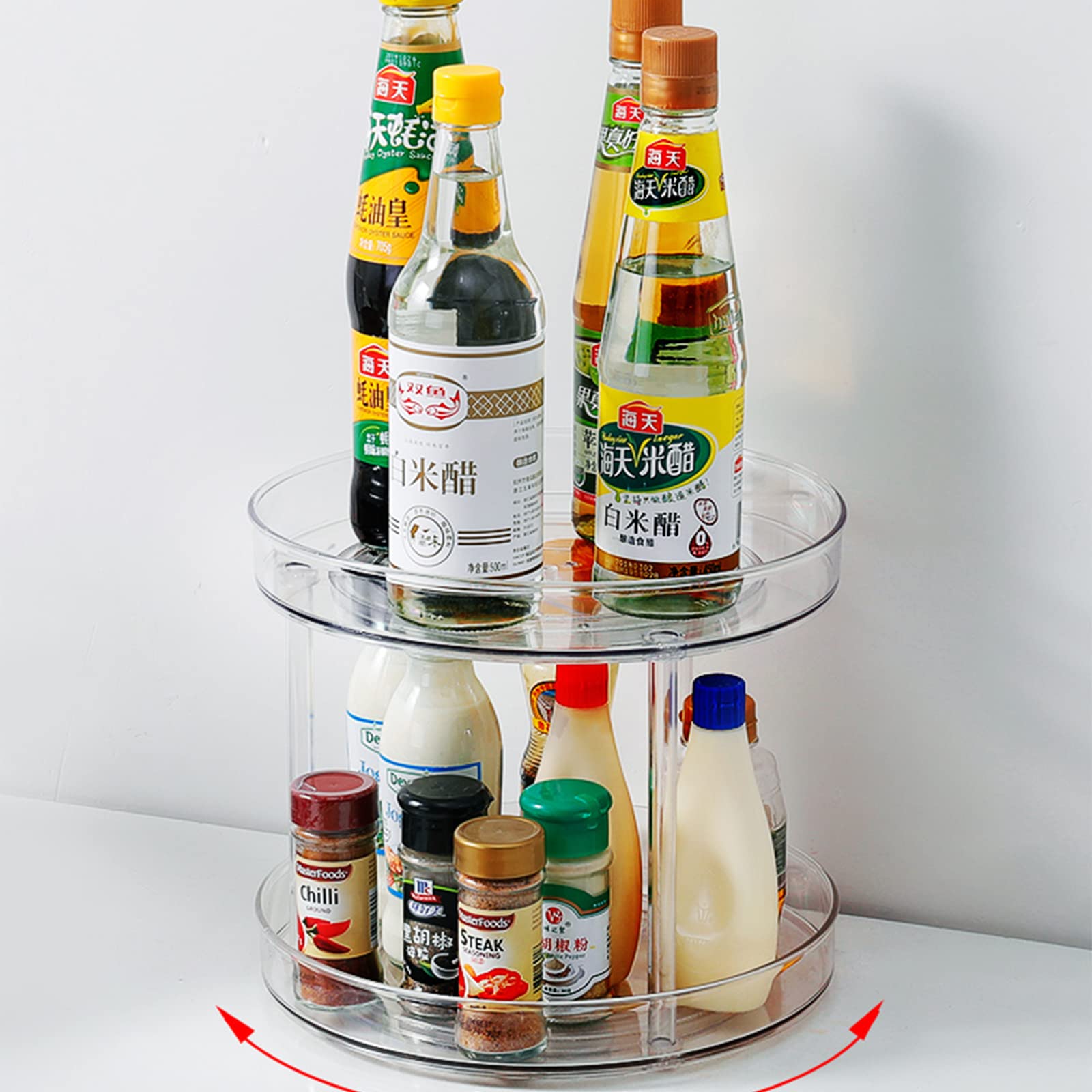 2 Tier Lazy Susan Organizer, Raised Edge Swivel Organizer for Spices, Condiments, Round Clear Turntable Organizer for Cabinets, Countertops, Bathroom, Refrigerator, Dining Room Organizer,9.5 Inches