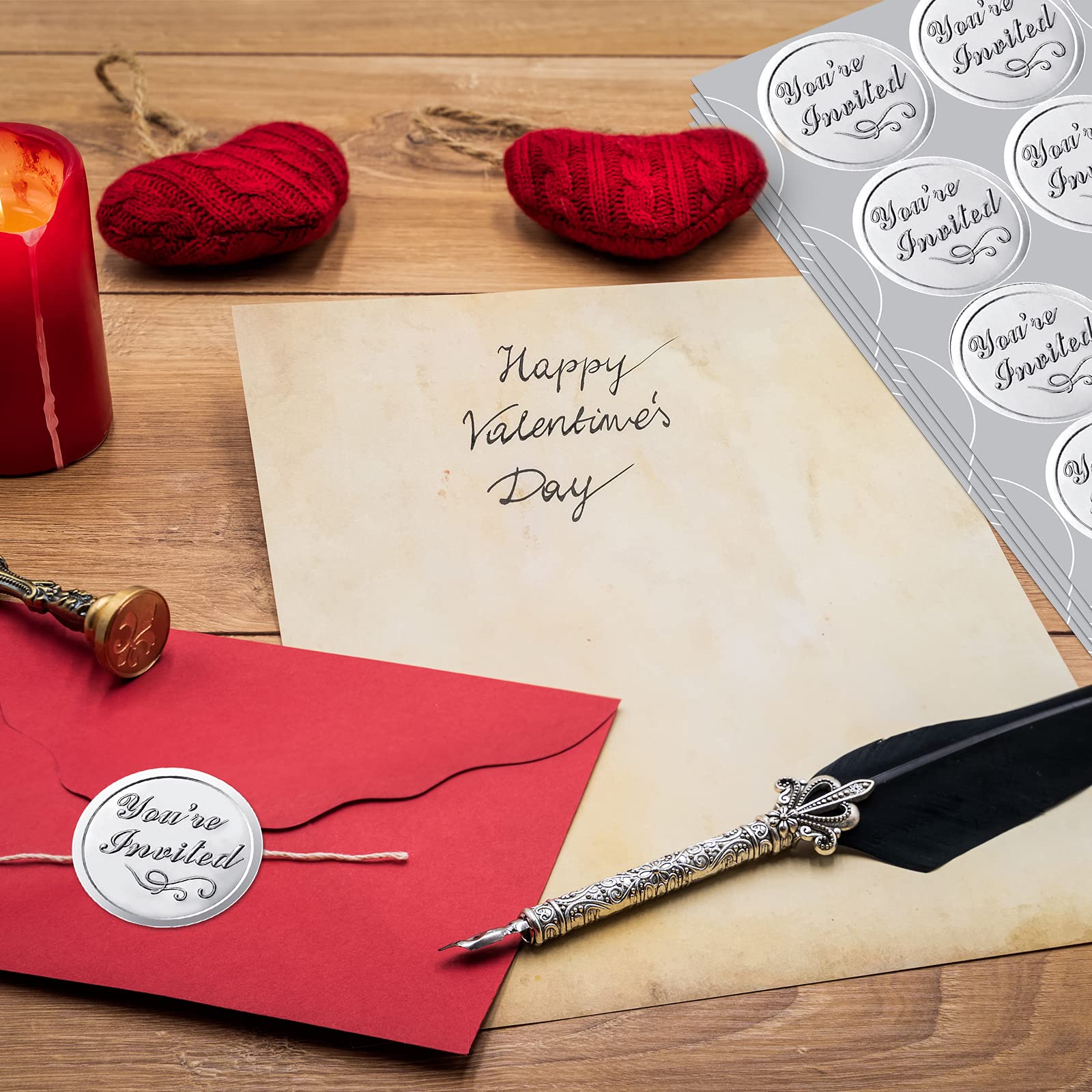 100 Pieces You're Invited Round Embossed Foil Seals Embossed Aluminum Foil Sticker Wax Seals for Wedding Envelopes Present Decoration (Silver)
