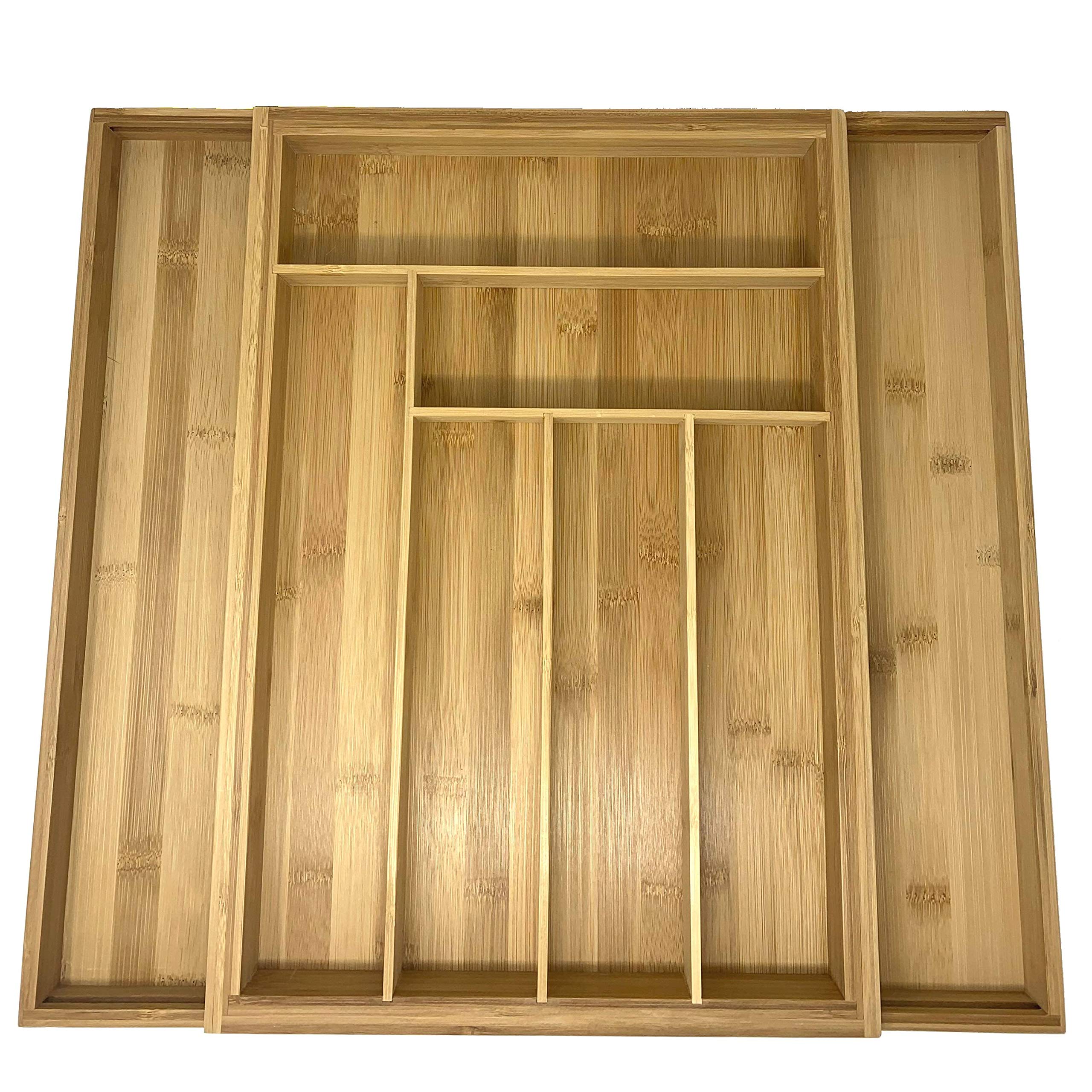 Expandable Drawer Utensils Organizer 100% Bamboo – Large Adjustable Wood Cutlery and Utility Drawer Insert. Kitchen Drawer Divider 8 Compartments.