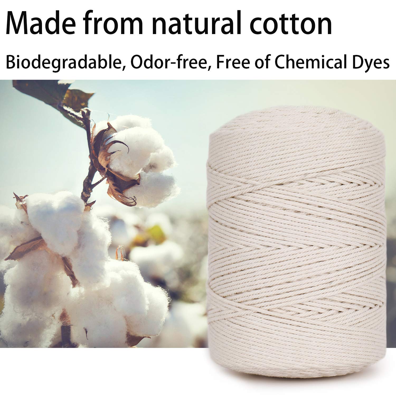 AIFUN Macrame Cord 3mm X 547yd Not Dyed 100% Natural Cotton Macrame Rope, 4 Strand Twisted Cotton Cord Rope for Handmade Wall Hanging ,Plant Hangers, Crafts, Knitting, Gift Wrapping(3mm X 500m)