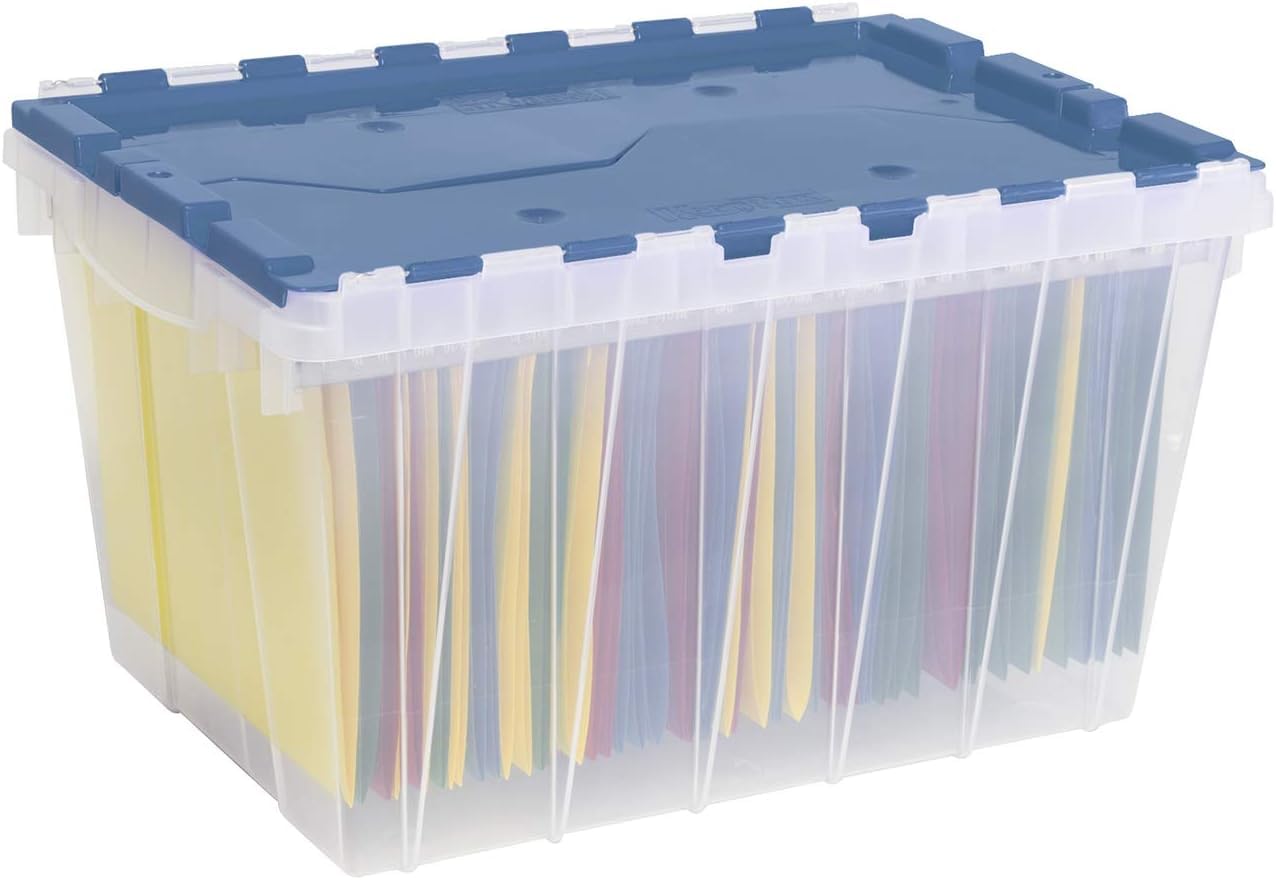 Akro-Mils 12 Gallon KeepBox File Box Plastic Stackable Storage Container with Hinged Attached Lid and Rails for Hanging File Folders, 21-Inch L x 15-Inch W x 12-Inch H, Clear/Blue