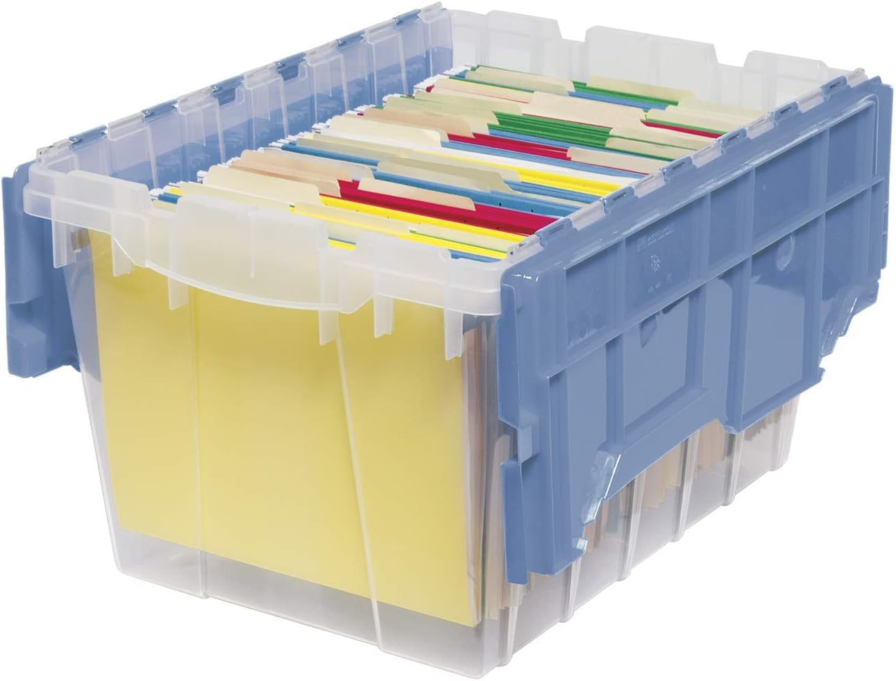 Akro-Mils 12 Gallon KeepBox File Box Plastic Stackable Storage Container with Hinged Attached Lid and Rails for Hanging File Folders, 21-Inch L x 15-Inch W x 12-Inch H, Clear/Blue