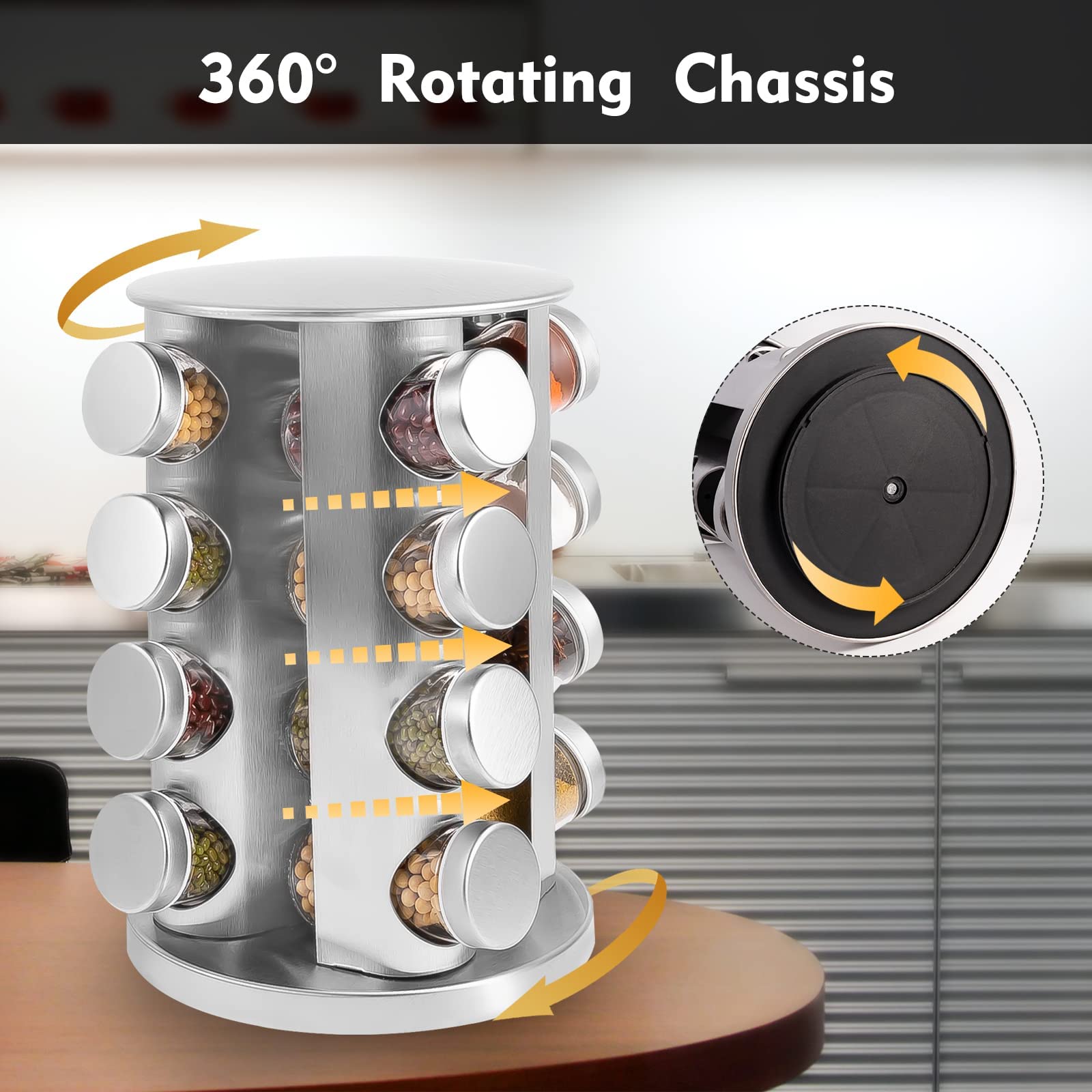 Rotating Spice Rack with 16 Jars, Revolving Spice Rack Organizer for Cabinet, Seasoning Organizer Stainless Steel Kitchen Spice Tower with Labels for Countertop