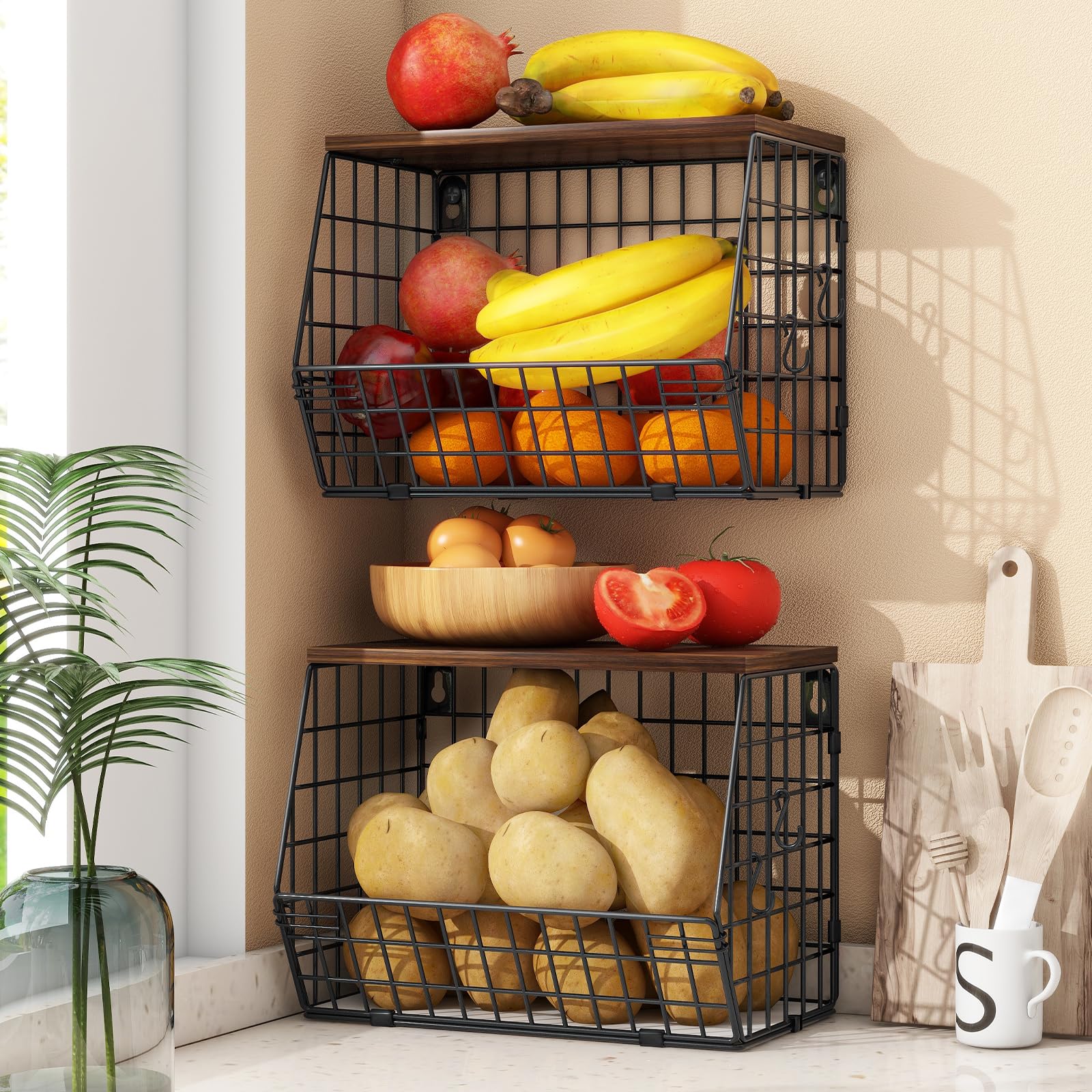 Mefirt 2pcs Fruit Basket Onion Storage Wire Baskets with Wood Lid, Stackable Wall-mounted & Countertop Tiered Kitchen Counter Organizer for Snack, Fruit and Vegetable Storage, 11.8 * 7.9 * 8.5 Inches