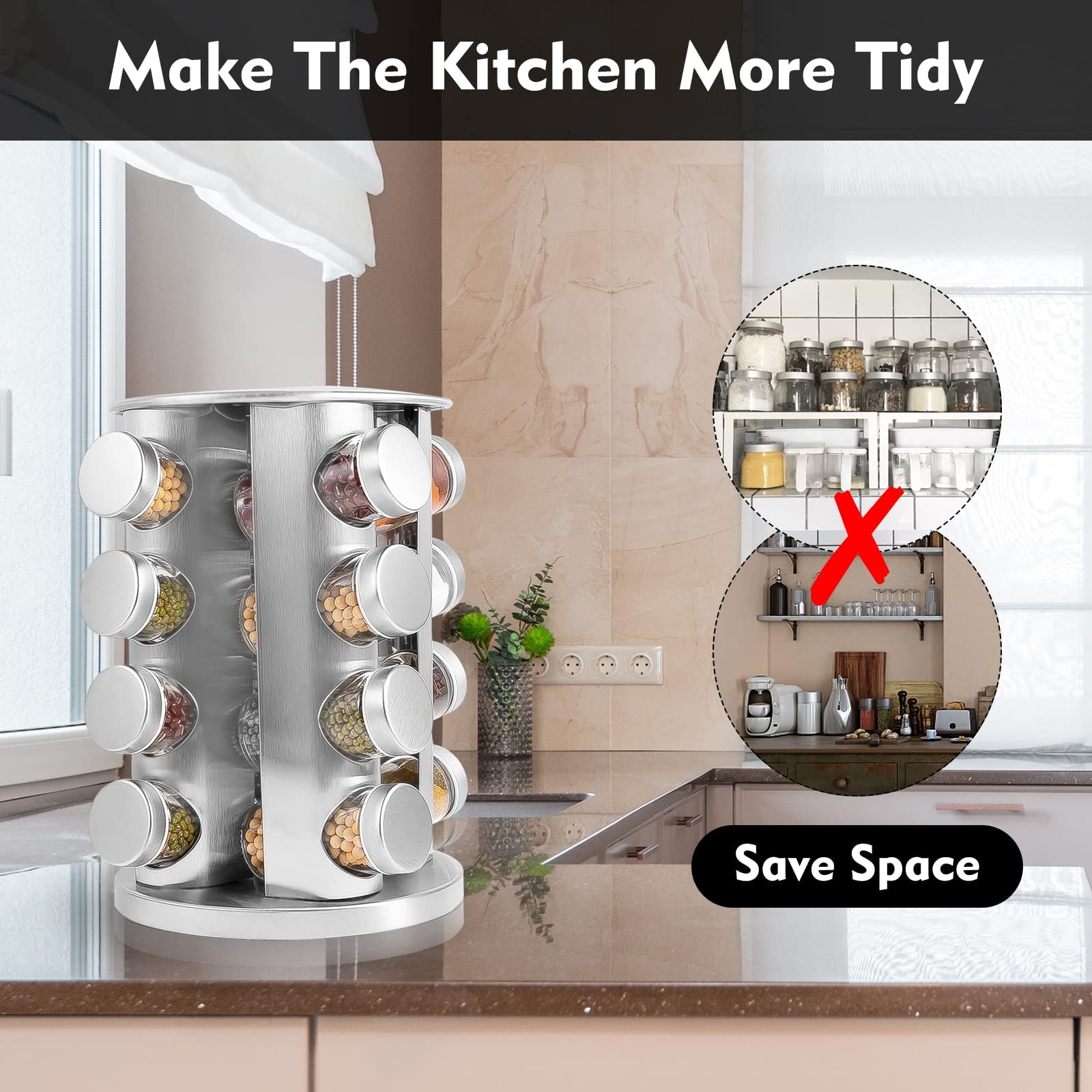 Rotating Spice Rack with 16 Jars, Revolving Spice Rack Organizer for Cabinet, Seasoning Organizer Stainless Steel Kitchen Spice Tower with Labels for Countertop