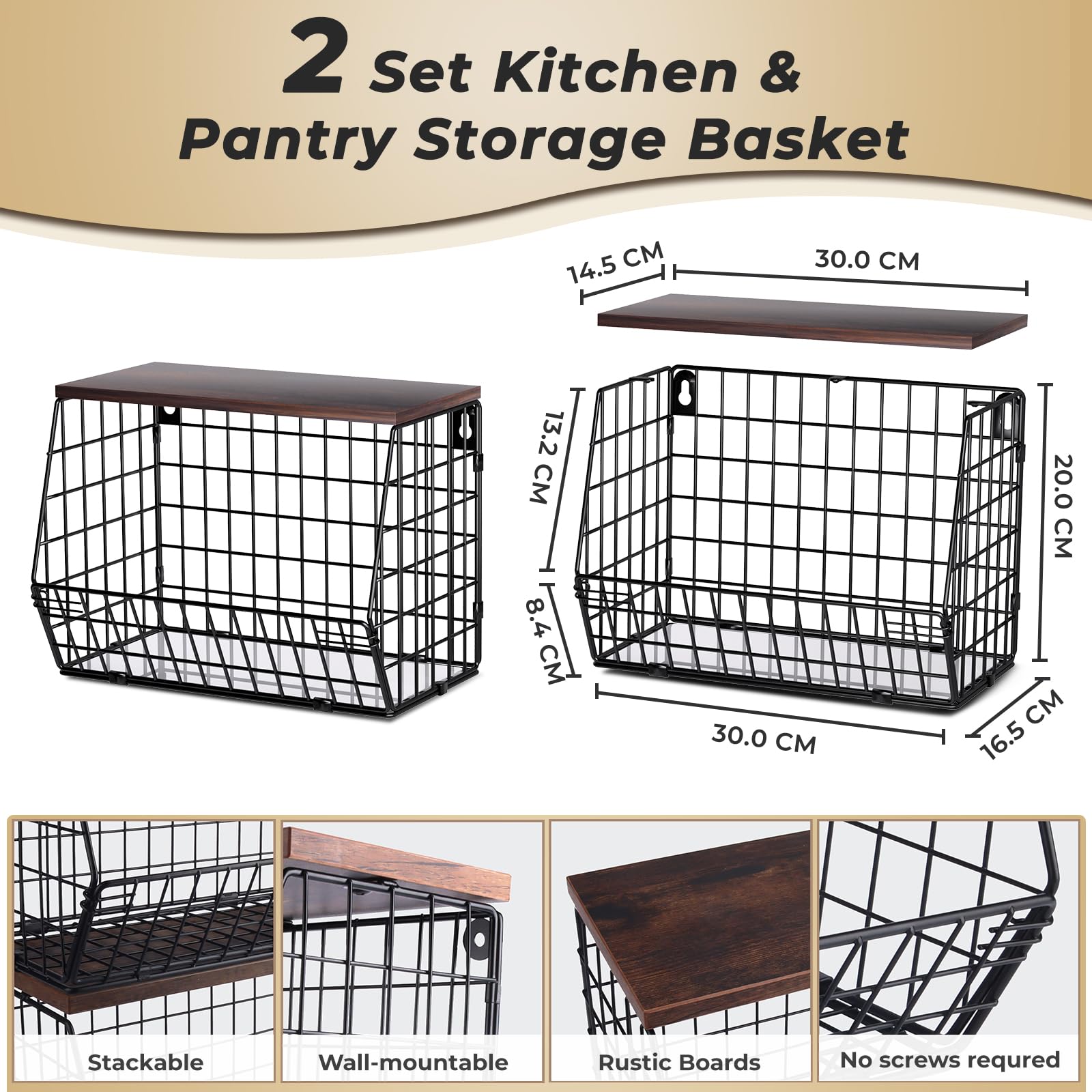 Mefirt 2pcs Fruit Basket Onion Storage Wire Baskets with Wood Lid, Stackable Wall-mounted & Countertop Tiered Kitchen Counter Organizer for Snack, Fruit and Vegetable Storage, 11.8 * 7.9 * 8.5 Inches