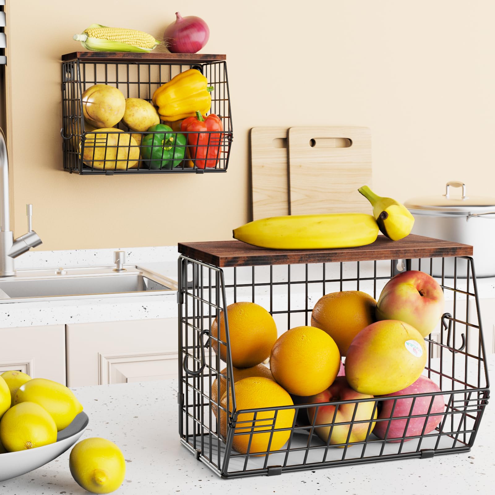 Mefirt 2pcs Fruit Basket Onion Storage Wire Baskets with Wood Lid, Stackable Wall-mounted & Countertop Tiered Kitchen Counter Organizer for Snack, Fruit and Vegetable Storage, 11.8 * 7.9 * 8.5 Inches