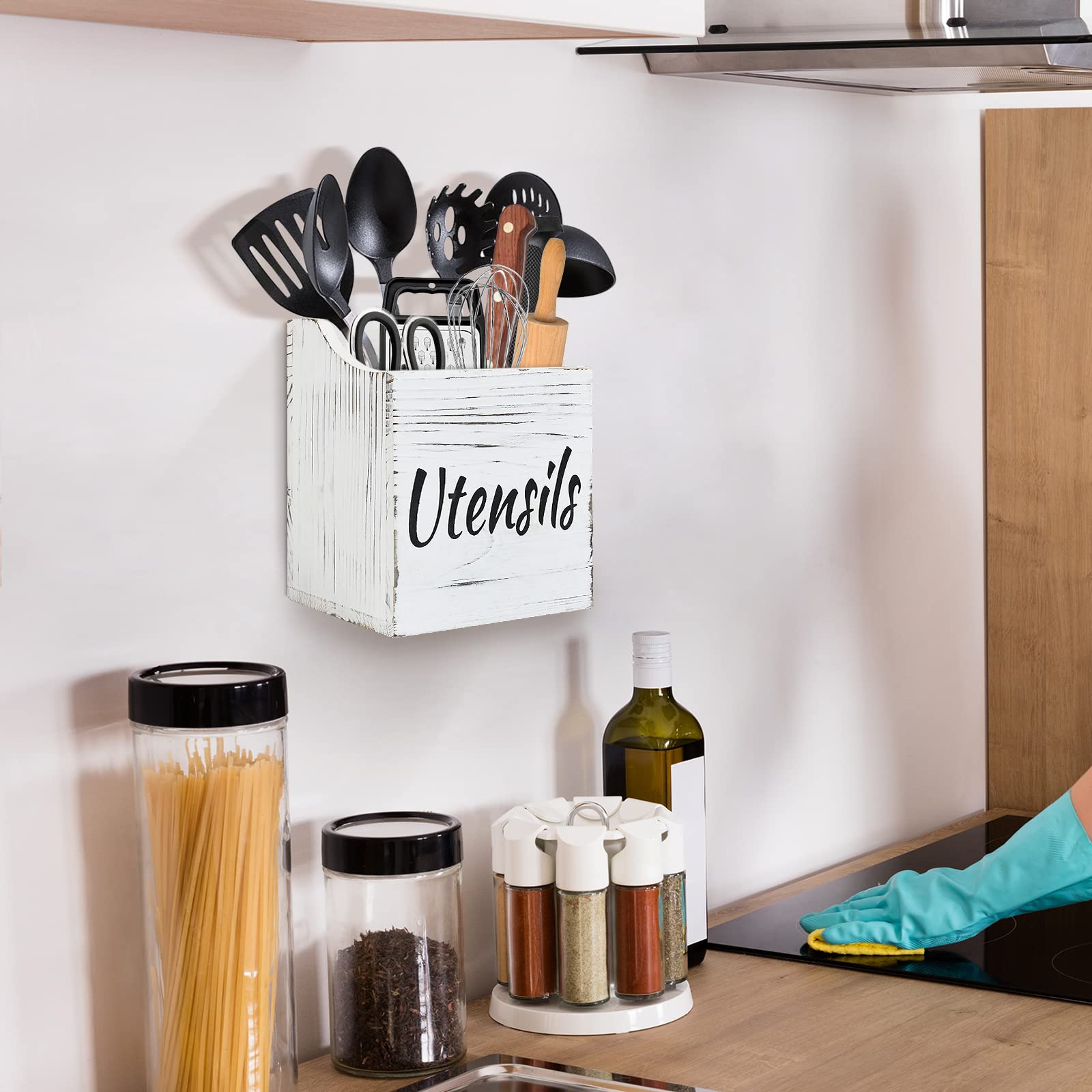 Kitchen Utensil Holder Organizer for Kitchen Countertop, White Cooking Utensil Holder for Countertop, Utensil Crock Holder for Kitchen,Large Utensil Flatware Organizer,Wooden Kitchen Utensil Organizer