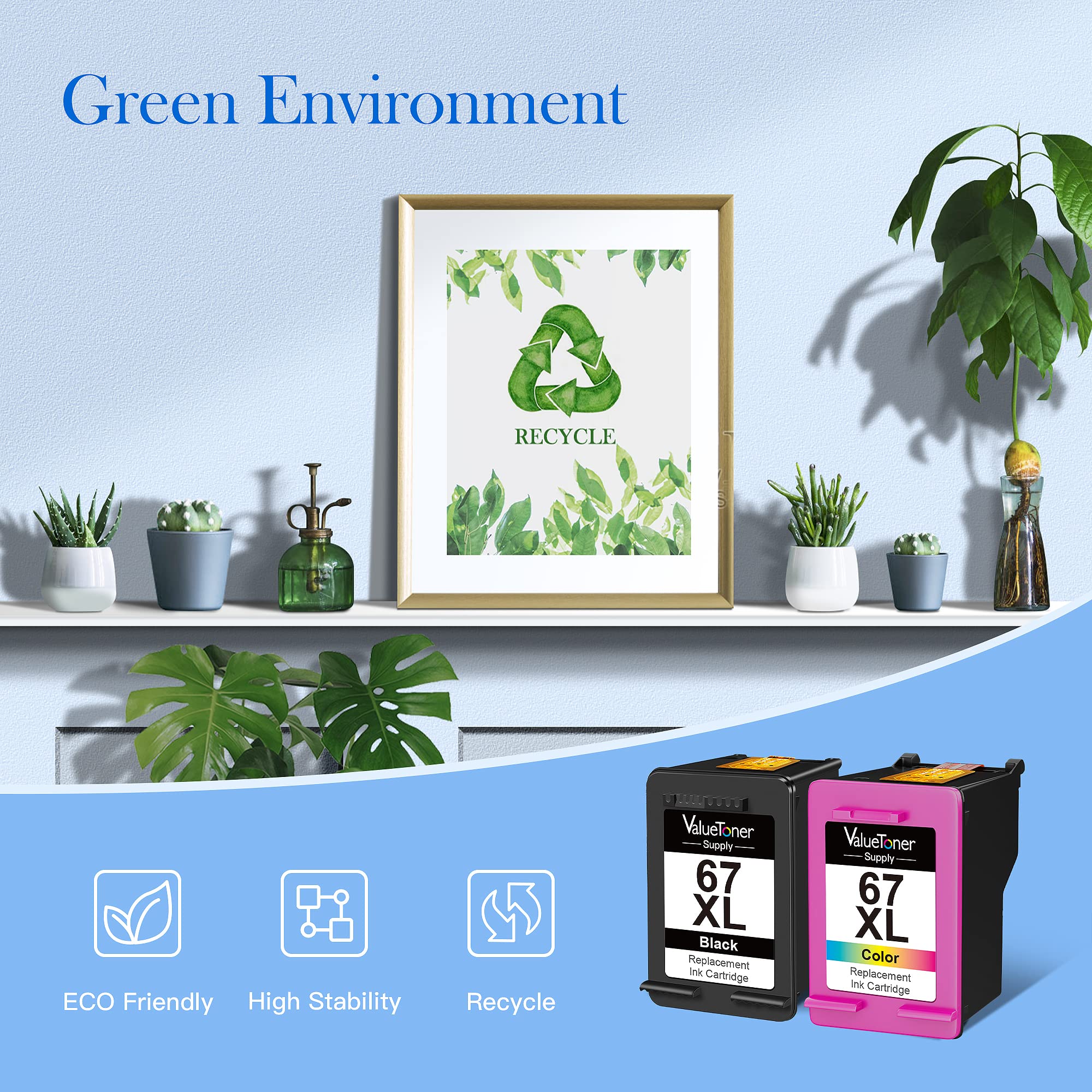 Valuetoner Supply Ink Cartridges Replacement for HP 67XL 67 XL for Envy 6055 6055e 6052 6058 6075 Envy Pro 6400 6455 6455e 6452 6458 DeskJet 1255 2732 2752 2755 2755e 4140 4155 4155e Printer 2-Pack