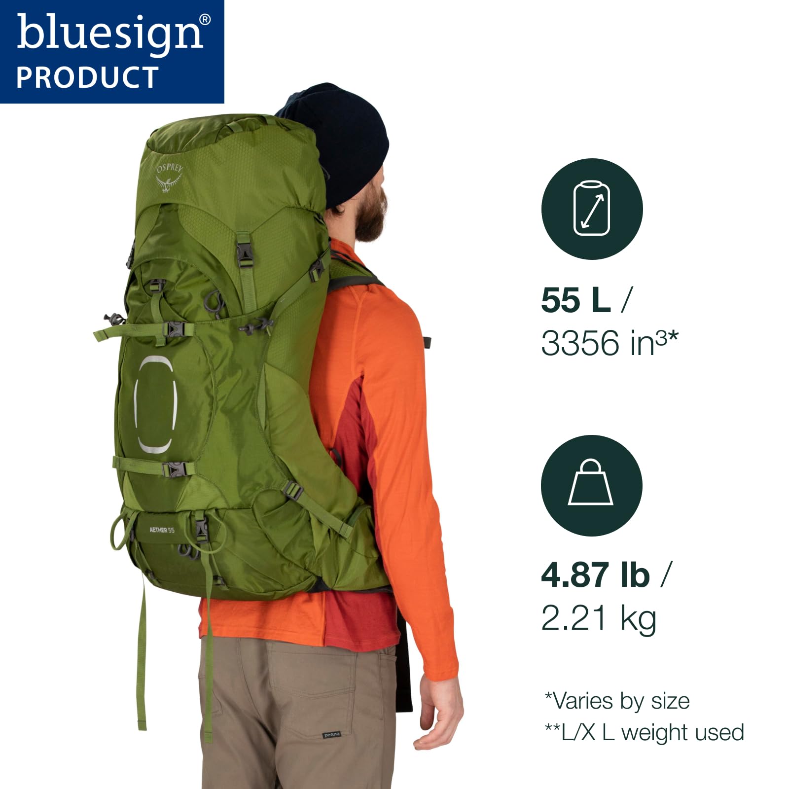 Osprey Aether 55 Men's Backpacking Backpack , Black, Small/Medium