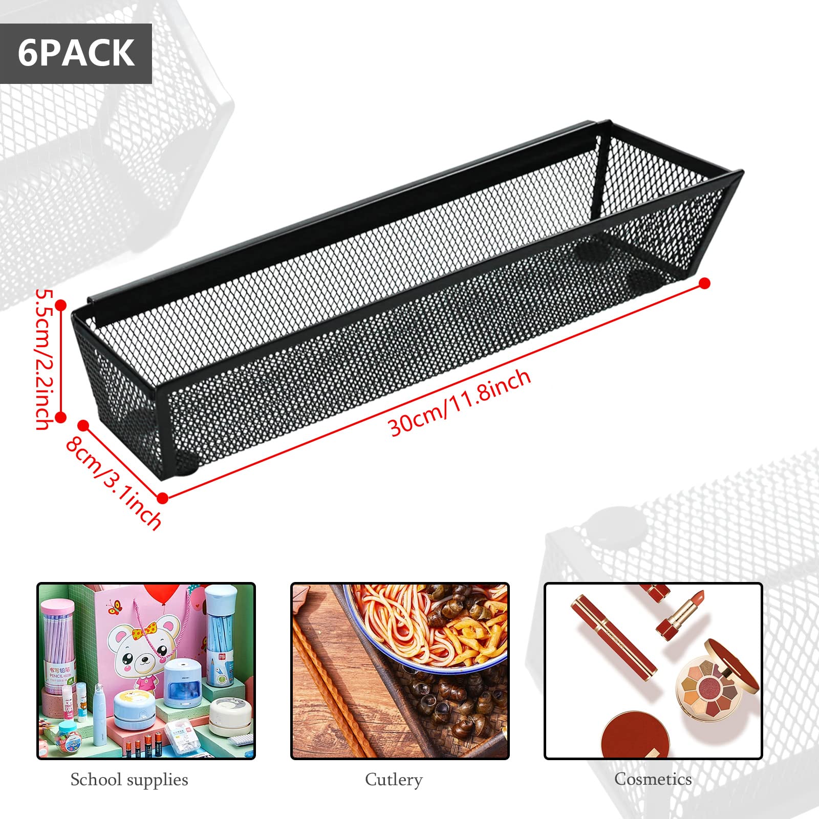 Chris.W 6Pcs Kitchen Utensil Drawer Organizers Tray Mesh Silverware Cutlery Tray with Interlocking Arm, Free Combination for Flatware Spoons Forks Knifes Storage (Black - 11.81x3.15x2in)