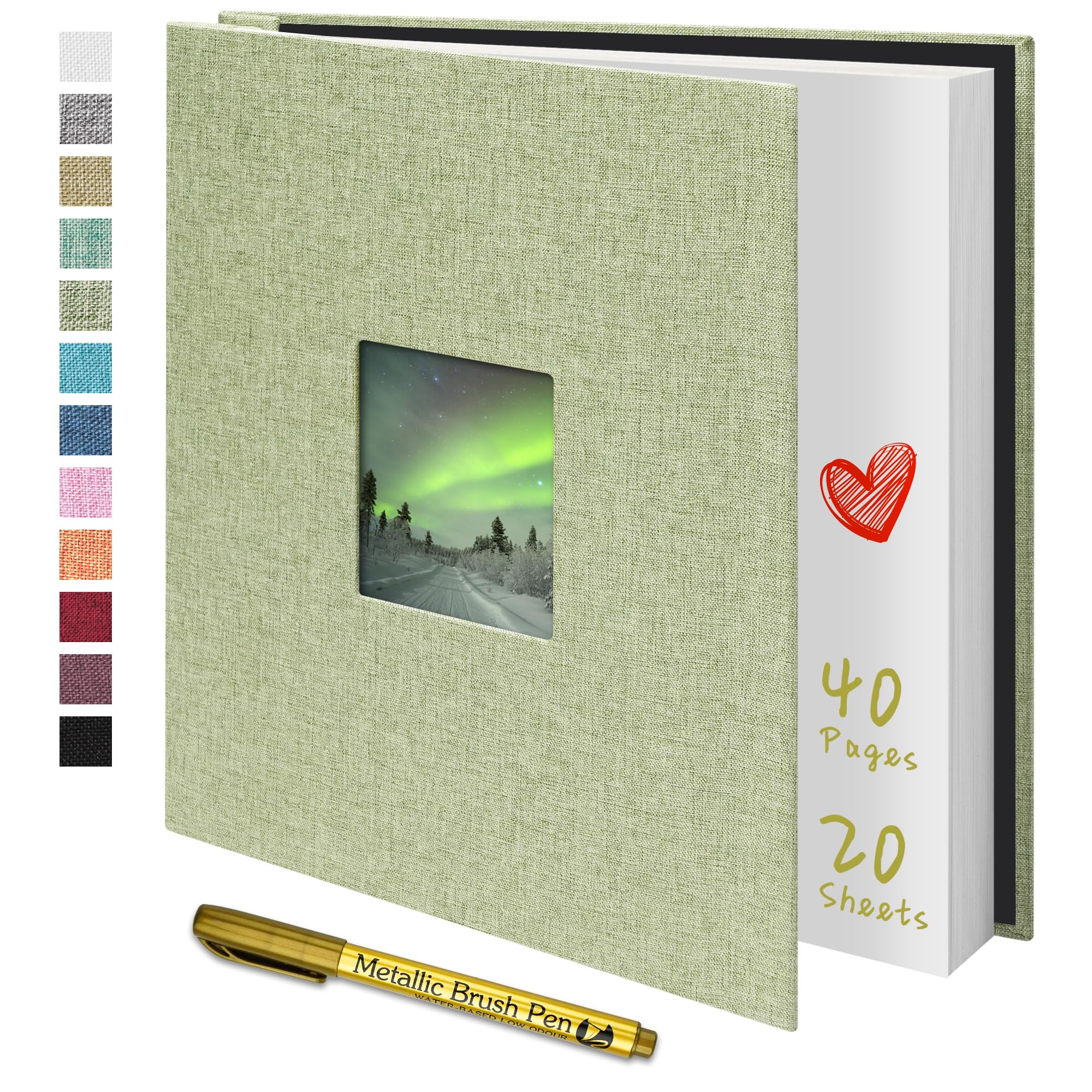 Yopih Photo Album Self Adhesive with Writing Space for 4x6 5x7 8x10 Pictures Scrapbook Album Linen Hardcover Grassgreen DIY Length 11x10.6 Inch 40 Pages with A Metallie Pen