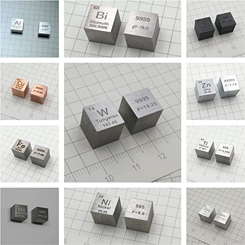 0.39" Element Cube - Set of 11 Metal Density Cubest Include Zinc Tin Copper Iron Aluminum Carbon Titanium Nickel Molybdenum Bismuth Tungsten for Labs and Collections