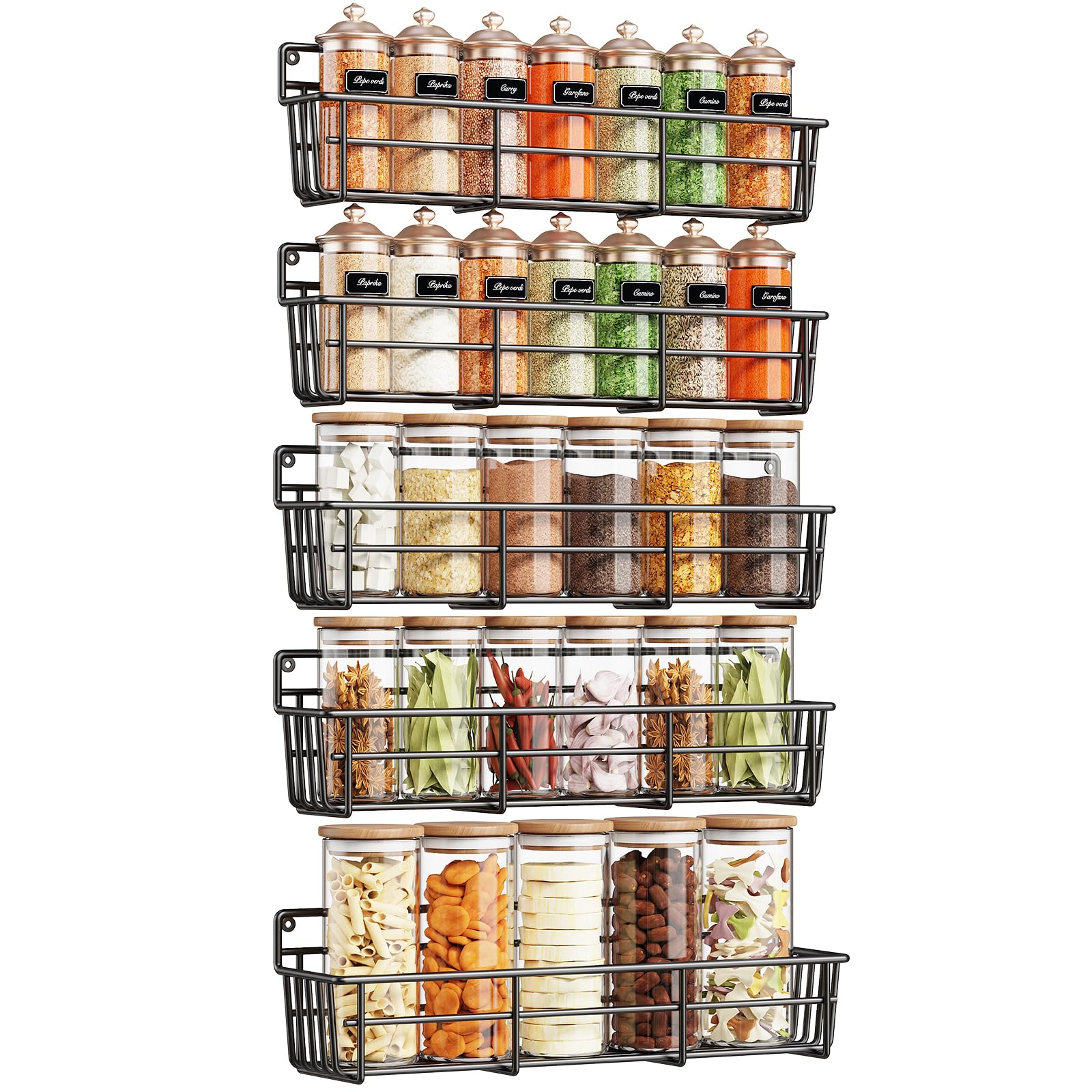 Mystozer 5 Pack Spice Rack Seasoning Organizer Wall Mount, Hanging Spice Organizer Shelf for Kitchen Cabinet, Wall, Pantry Door (Jars Are Not Included)