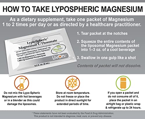 Lypo–Spheric Magnesium L–Threonate – 30 Packets – 1,000 mg Magnesium Per Packet – Liposome Encapsulated for Improved Absorption – Professionally Formulated & 100% Non–GMO