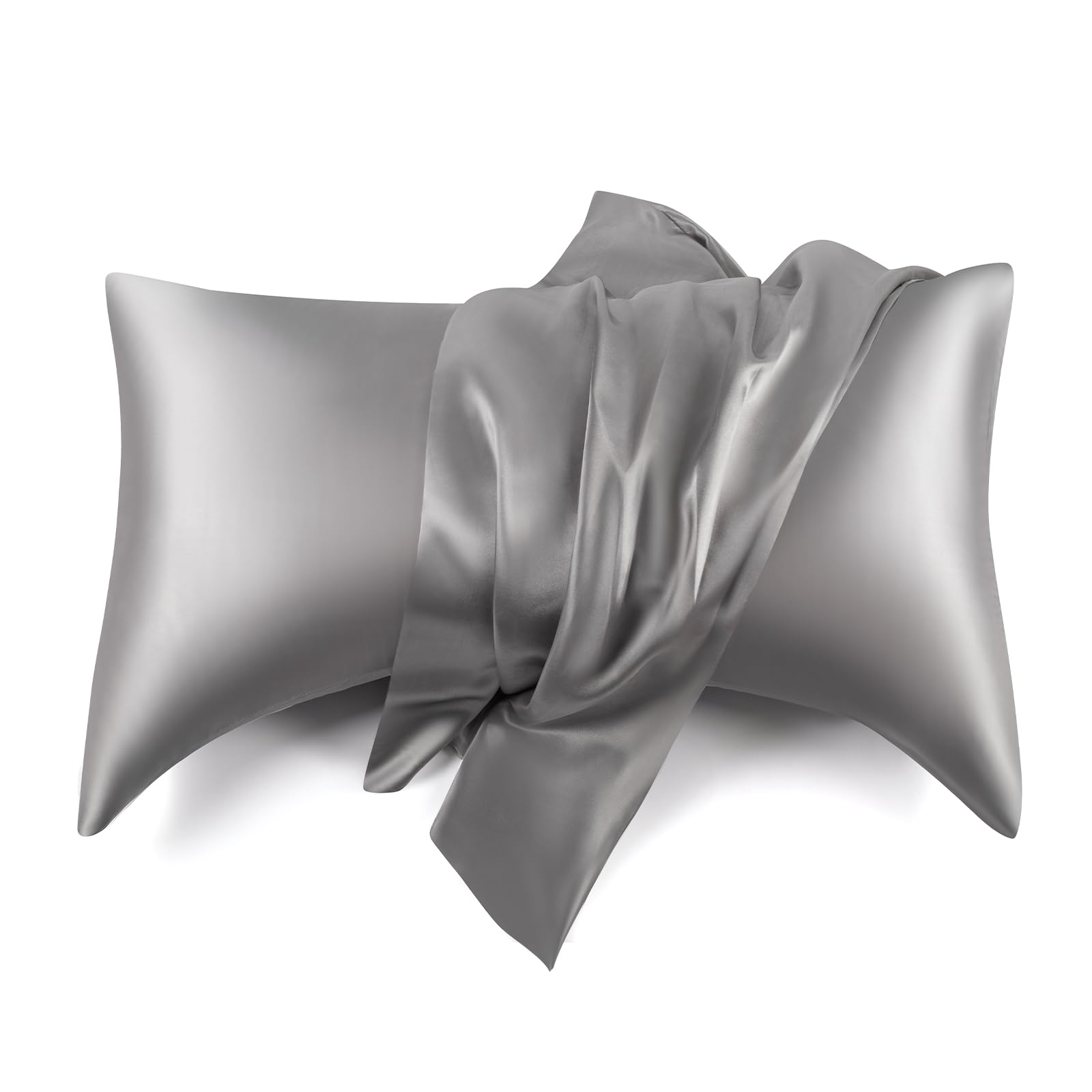 2 Packs Curved Pillowcases Queen Size, Silk Satin Side Sleep Pillowcase for Hair and Skin, Breathable Silky Soft Pillowcase for Hot Sleepers - 20x30 in - Grey Color