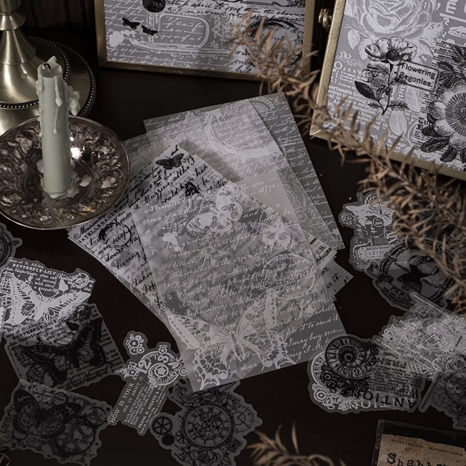 180 Pieces Vintage Black Scrapbooking Supplies Kit 120PCS Black Transparent Paper and 60PCS Aesthetic Stickers for Journaling Junk Journal Cottagecore Gift Wrapping