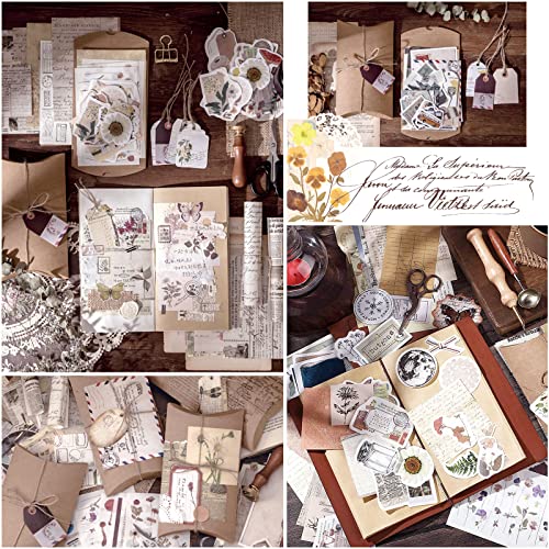 Yodely Vintage Scrapbooking Supplies, Junk Journal Supplies Kit DIY Journaling Aesthetic Stickers Vintage Antique Retro Natural Collection for DIY Scrapbook Planners Diary Journals Embellishment