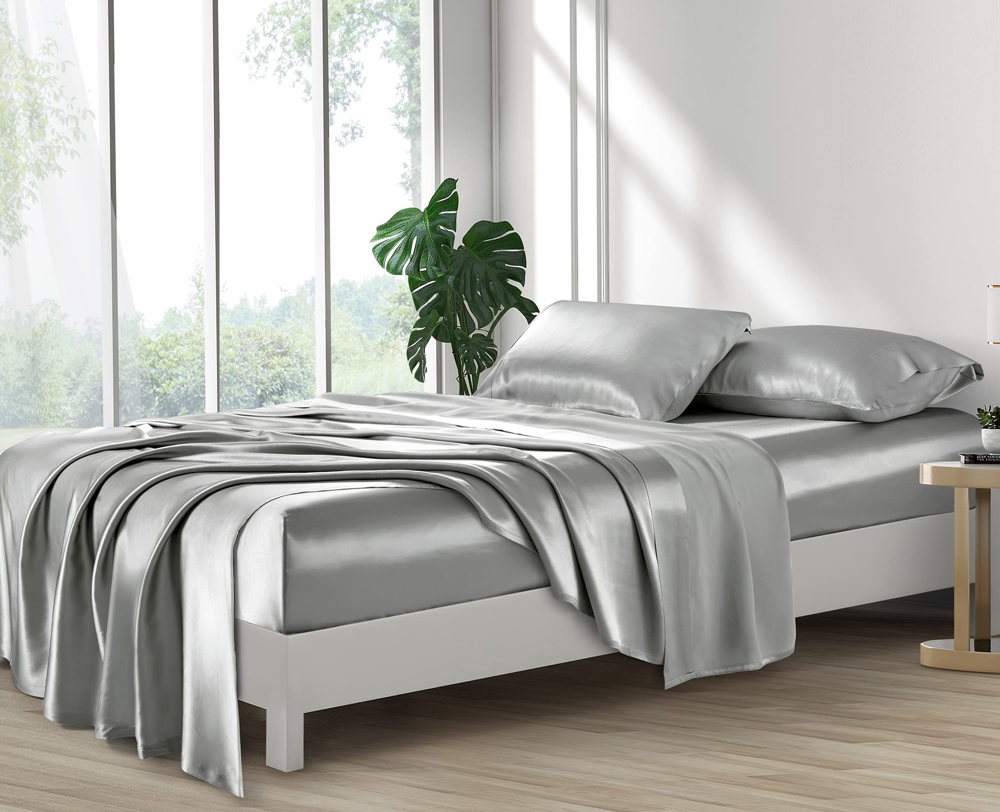Lanest Housing Silk Satin Sheets, Queen Size Satin Bed Sheet Set with Deep Pockets, Cooling Soft and Hypoallergenic Satin Sheets Queen - Light Gray