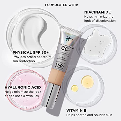IT Cosmetics CC+ Cream, Medium (W) - Color Correcting Cream, Full-Coverage Foundation, Hydrating Serum & SPF 50+ Sunscreen - Natural Finish - 1.08 fl oz