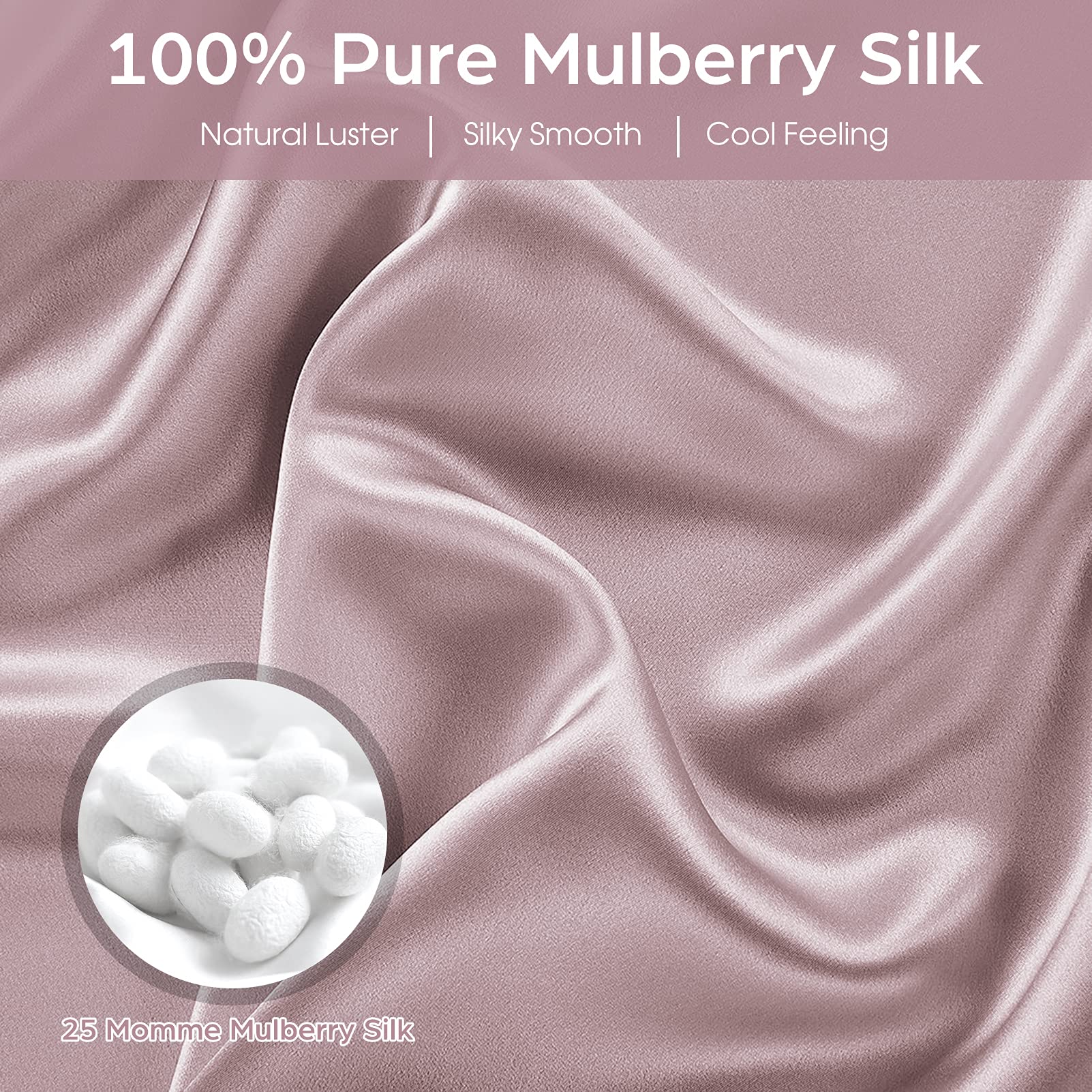 Veaken Silk Pillowcase for Hair and Skin, 2 Pack 100% Mulberry Silk Pillowcase 25 Momme, 600 Thread Count, Both Side Pure Silk Pillow Cover with Hidden Zipper (ApricotGray, Standard 20''×26'')