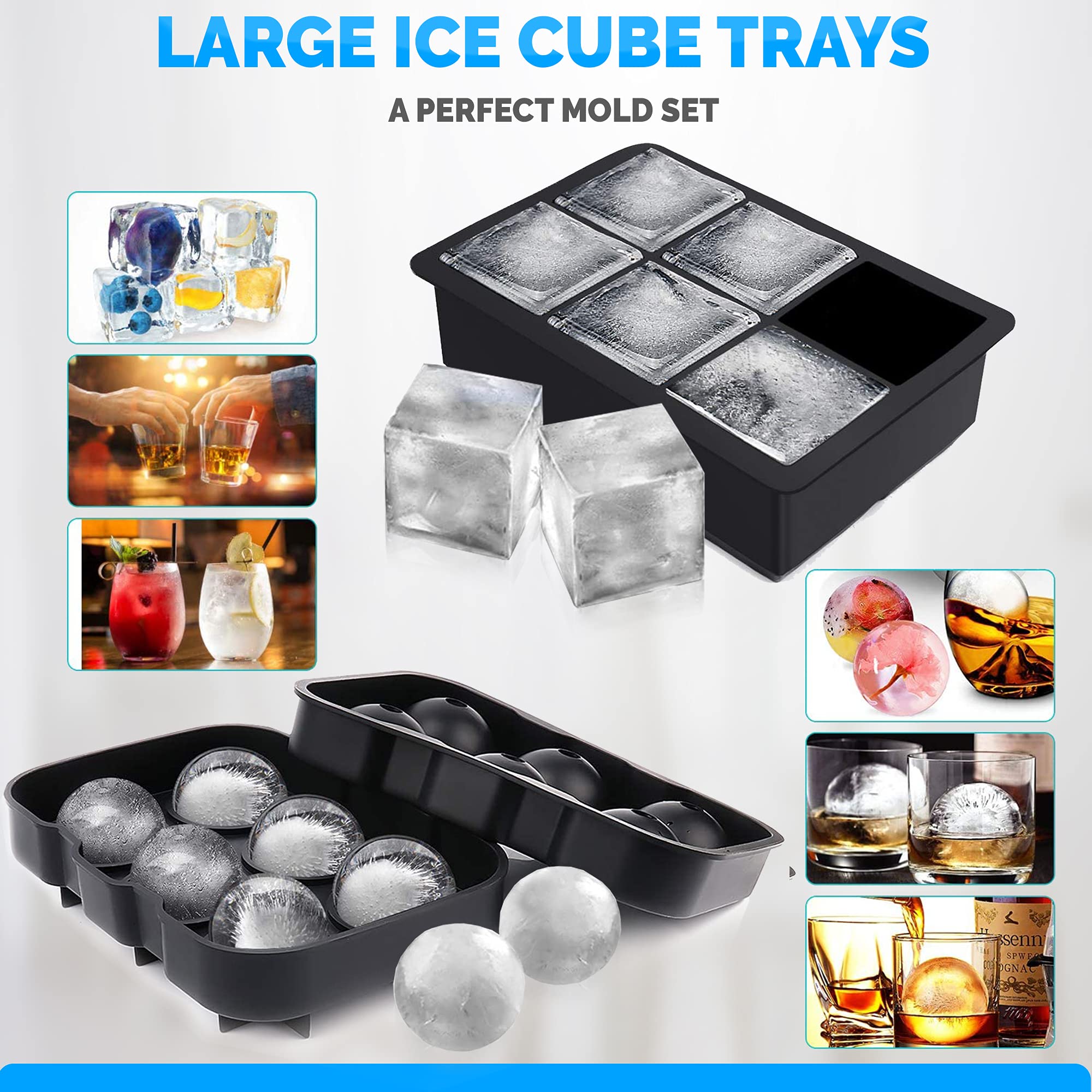 Ice Cube Trays Silicone (Set of 2) Whiskey Ice Ball Mold, Ice Ball Maker Mold, Round Ice Cube Mold, Sphere Ice Cube Mold, Square Large Ice Cube Tray for Cocktails & Bourbon - Easy Release BPA Free